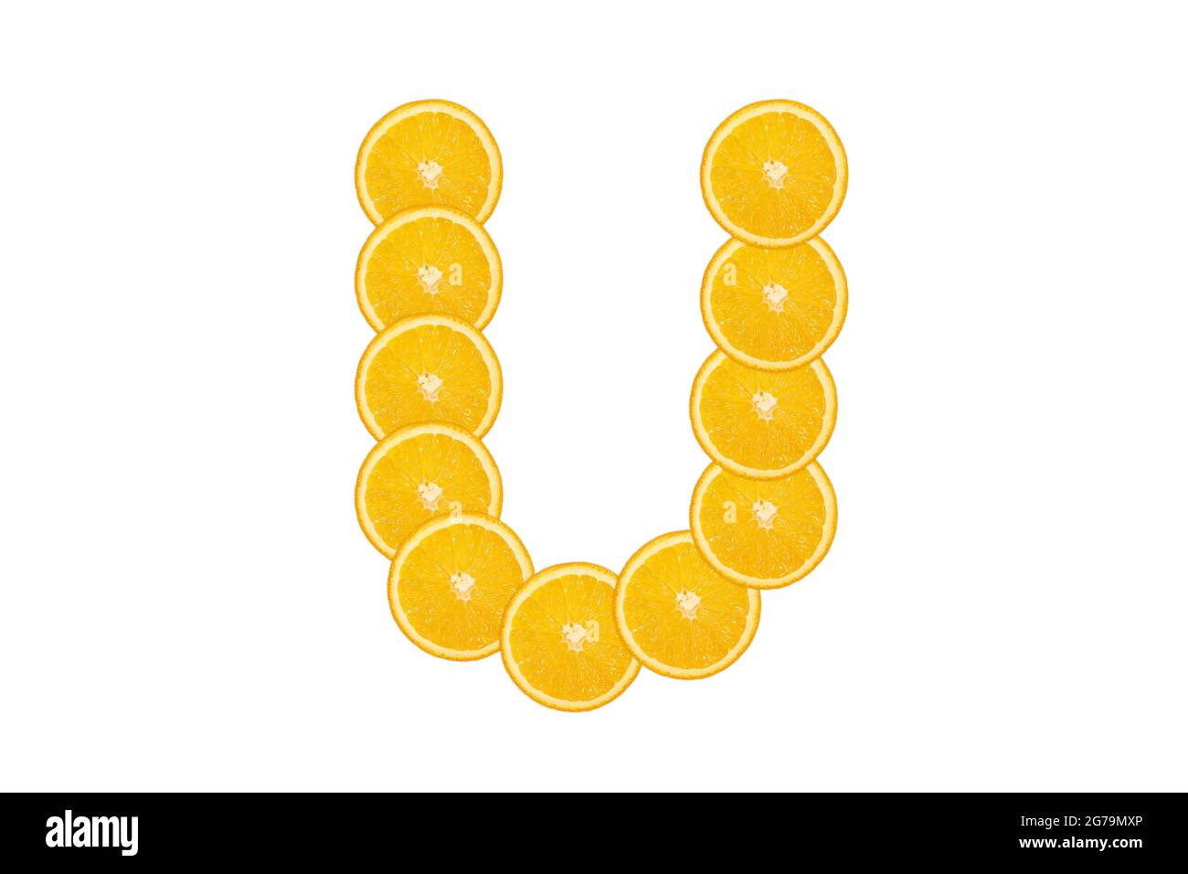 Sliced orange alphabet - letter U. Isolated white background. Fresh ...