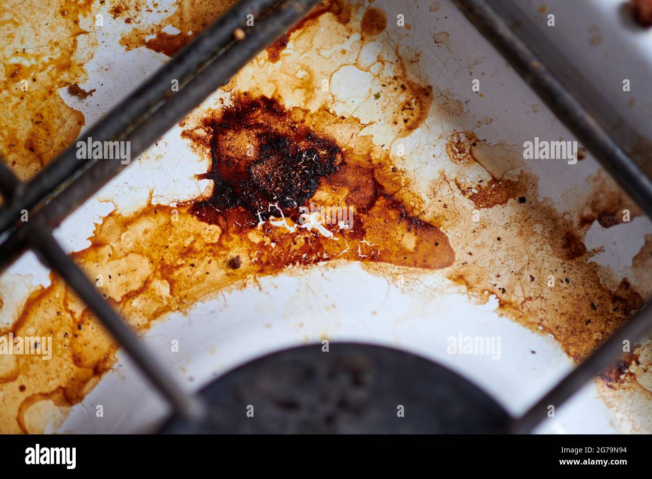 Dirty grease stove with food leftovers. Unclean gas kitchen cooktop ...