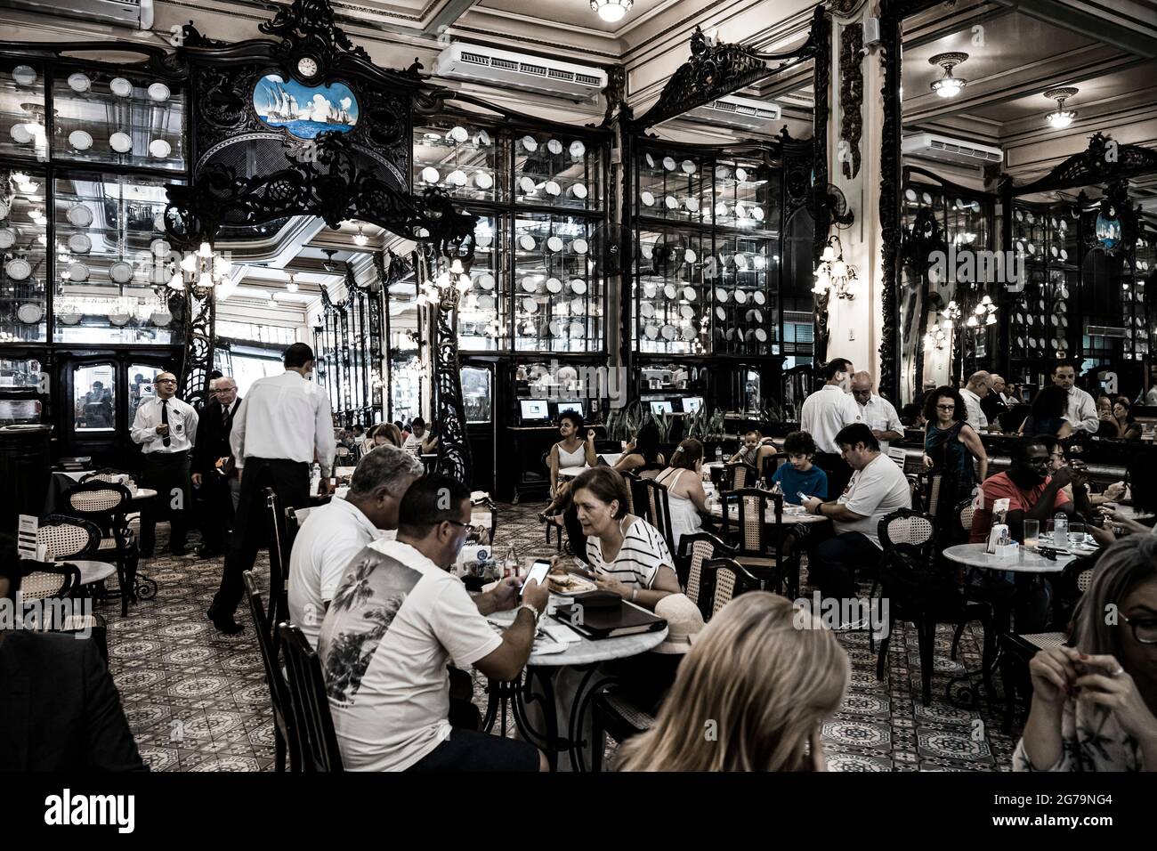Interior and exterior of the Confeitaria Colombo, Rio de Janeiro ...