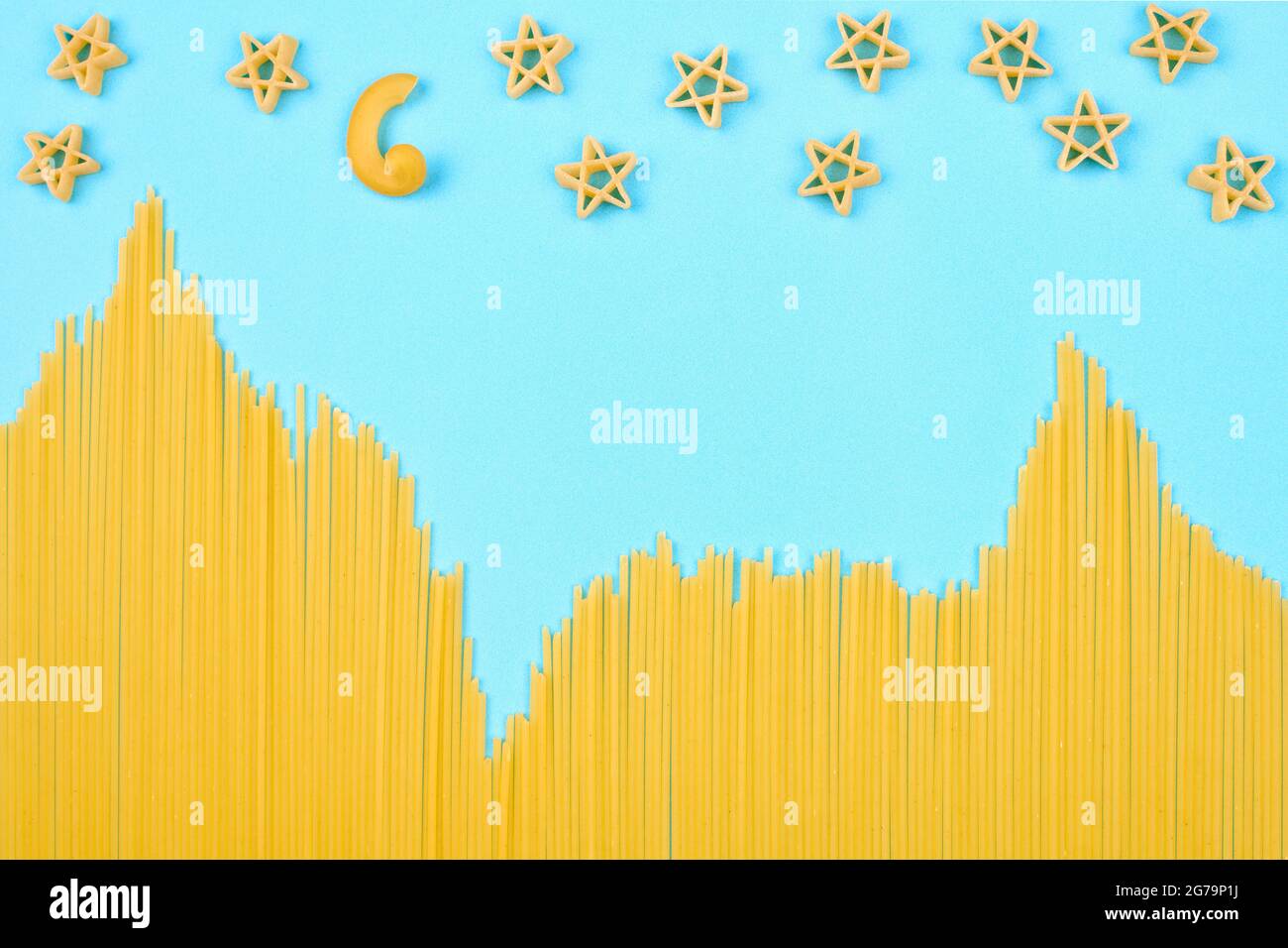 Italian pasta landscape. Food picture. Night mountains snack concept ...
