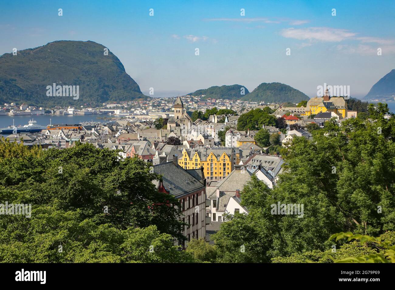 View of Alesund; Panoramic view of the archipelago, the beautiful town ...