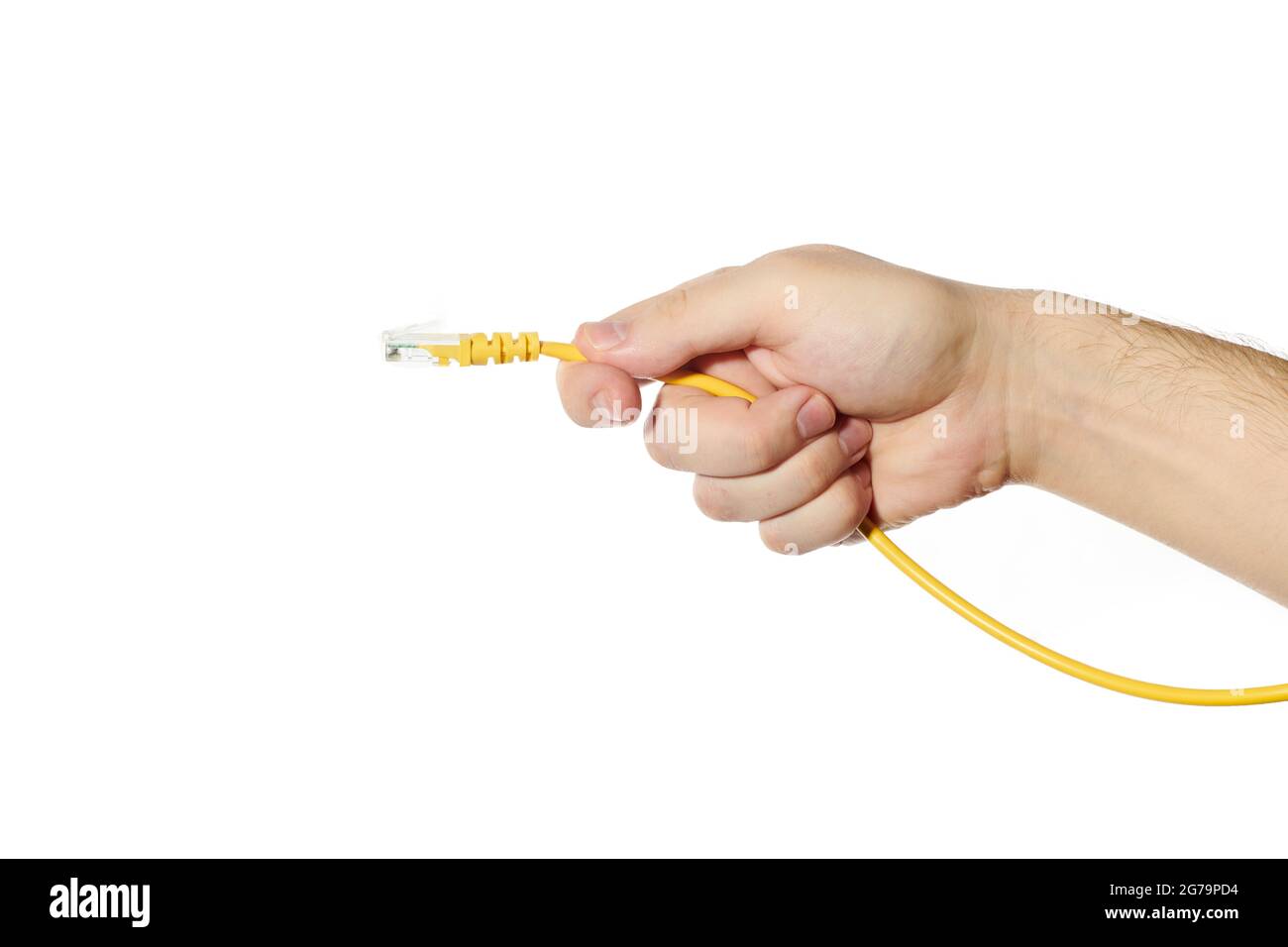 LAN ethernet cable in hand. Yellow RJ45 twisted pair cable for computer ...