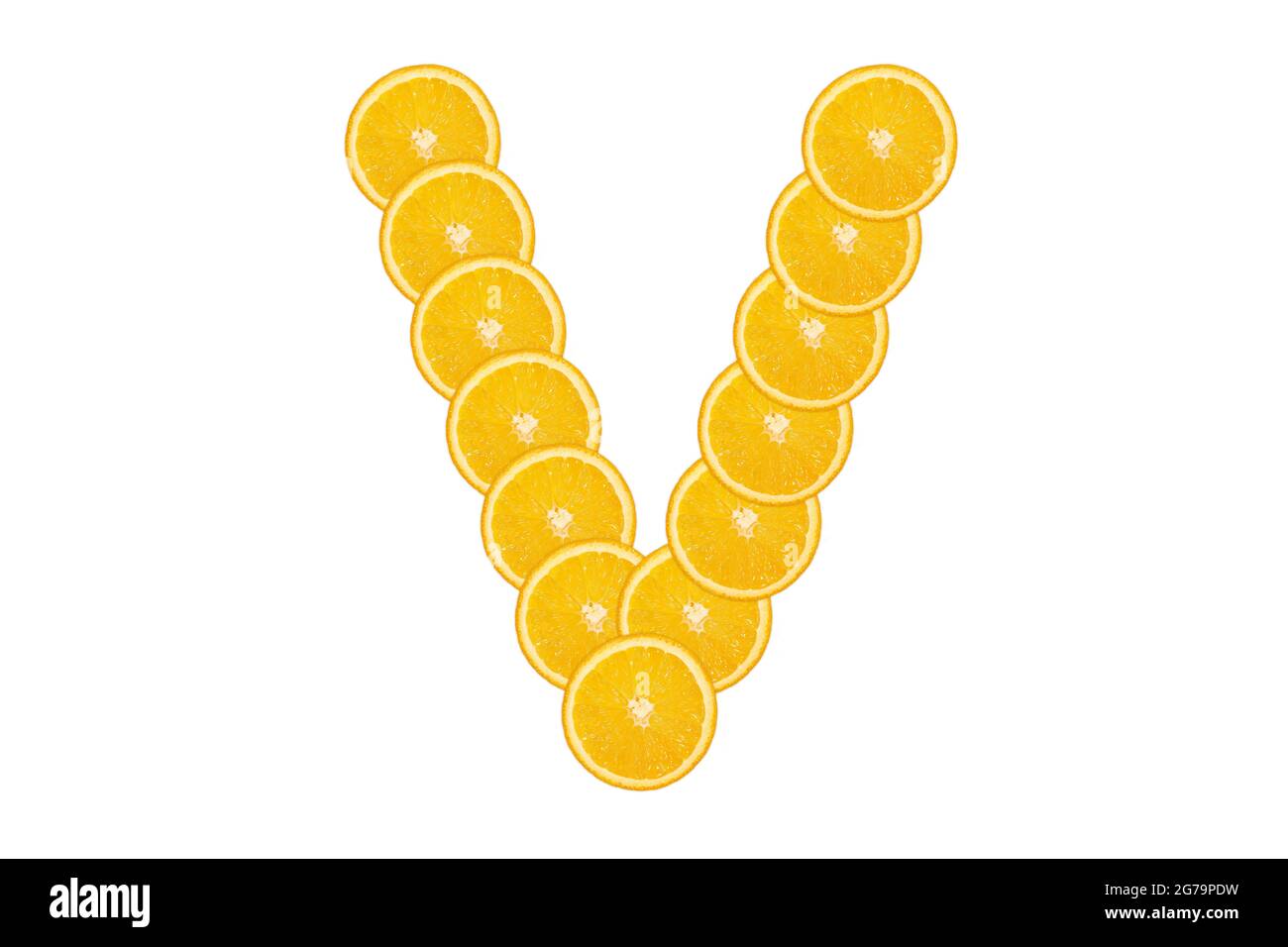 Sliced orange alphabet - letter V. Isolated white background. Fresh ...