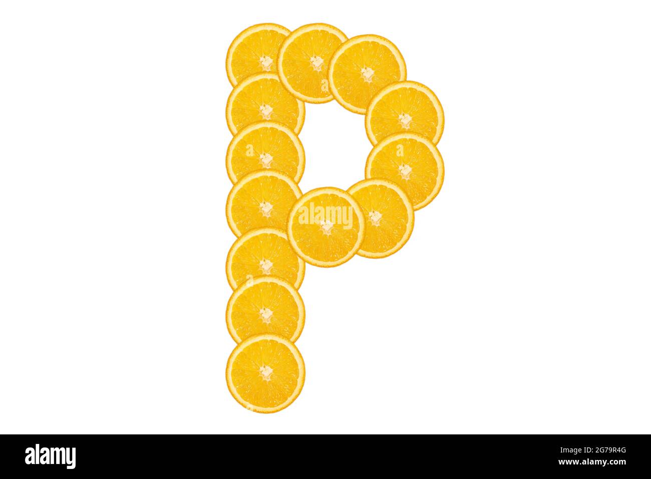 Sliced orange alphabet - letter P. Isolated white background. Fresh ...