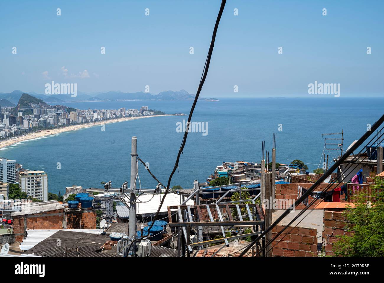 Aerial view of Ipanema and Leblon Beach and Vidigal Favela. Contrast ...