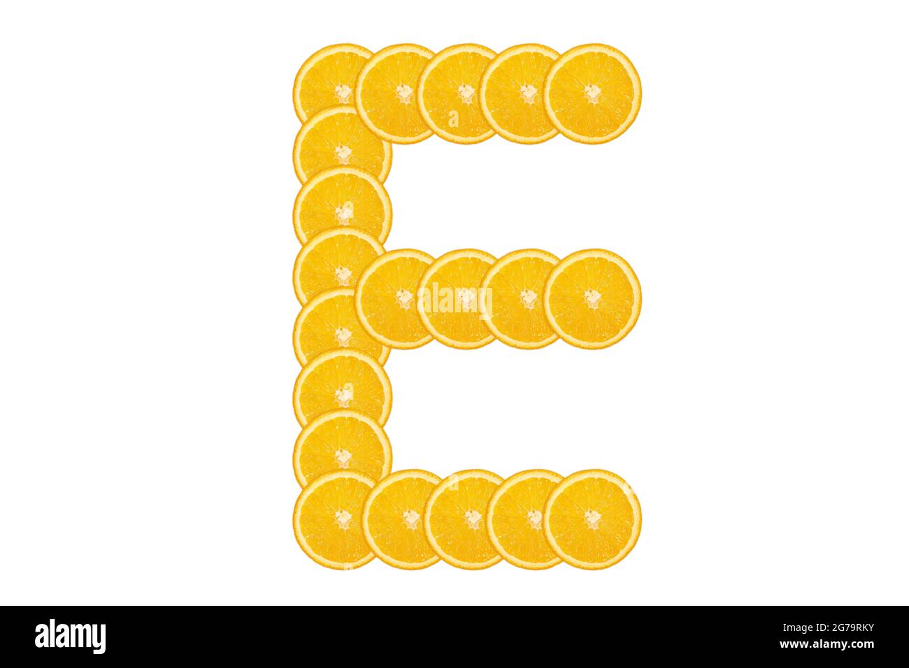 Sliced orange alphabet - letter E. Isolated white background. Fresh ...
