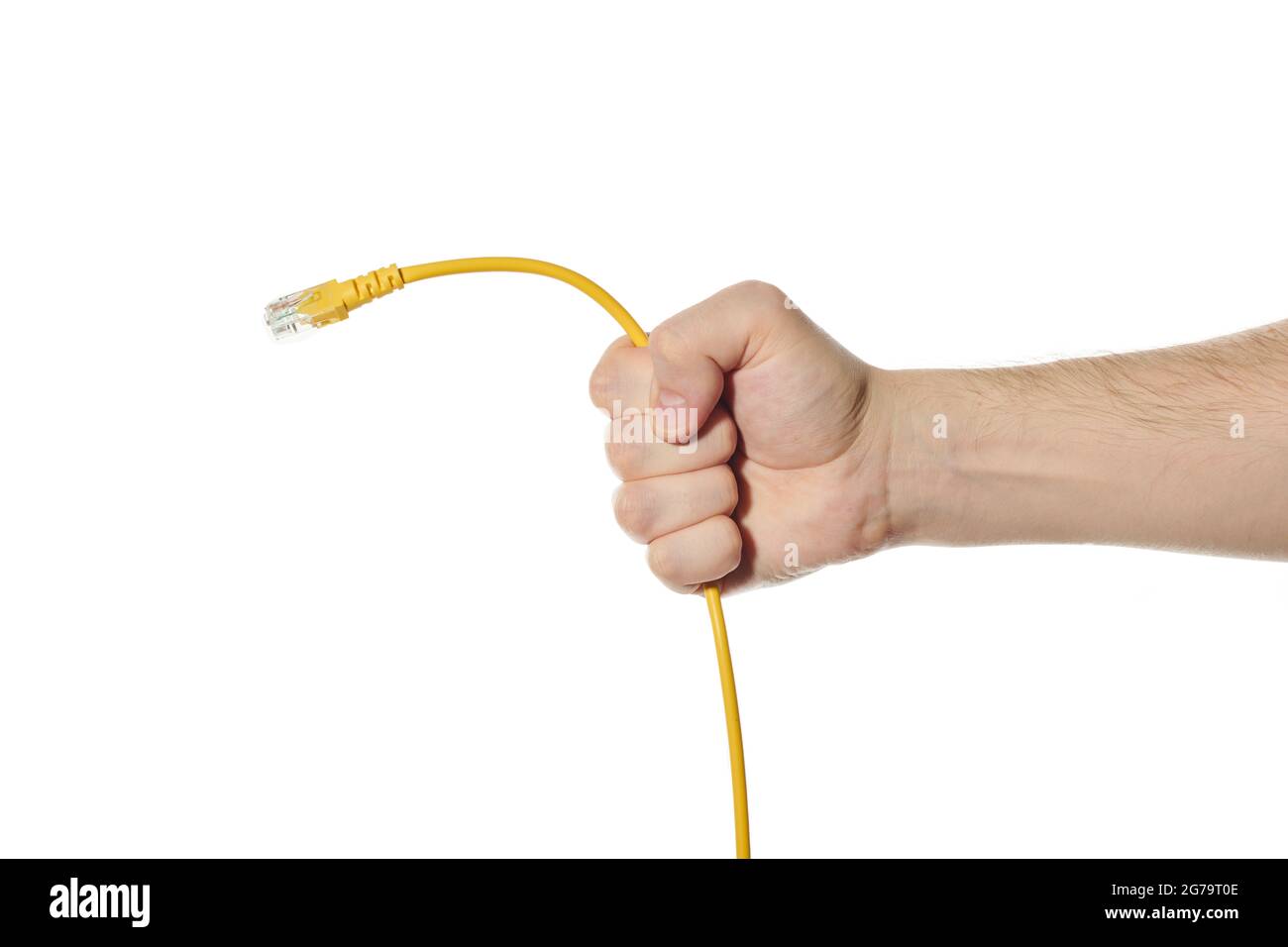 LAN ethernet cable in hand. Yellow RJ45 twisted pair cable for computer ...