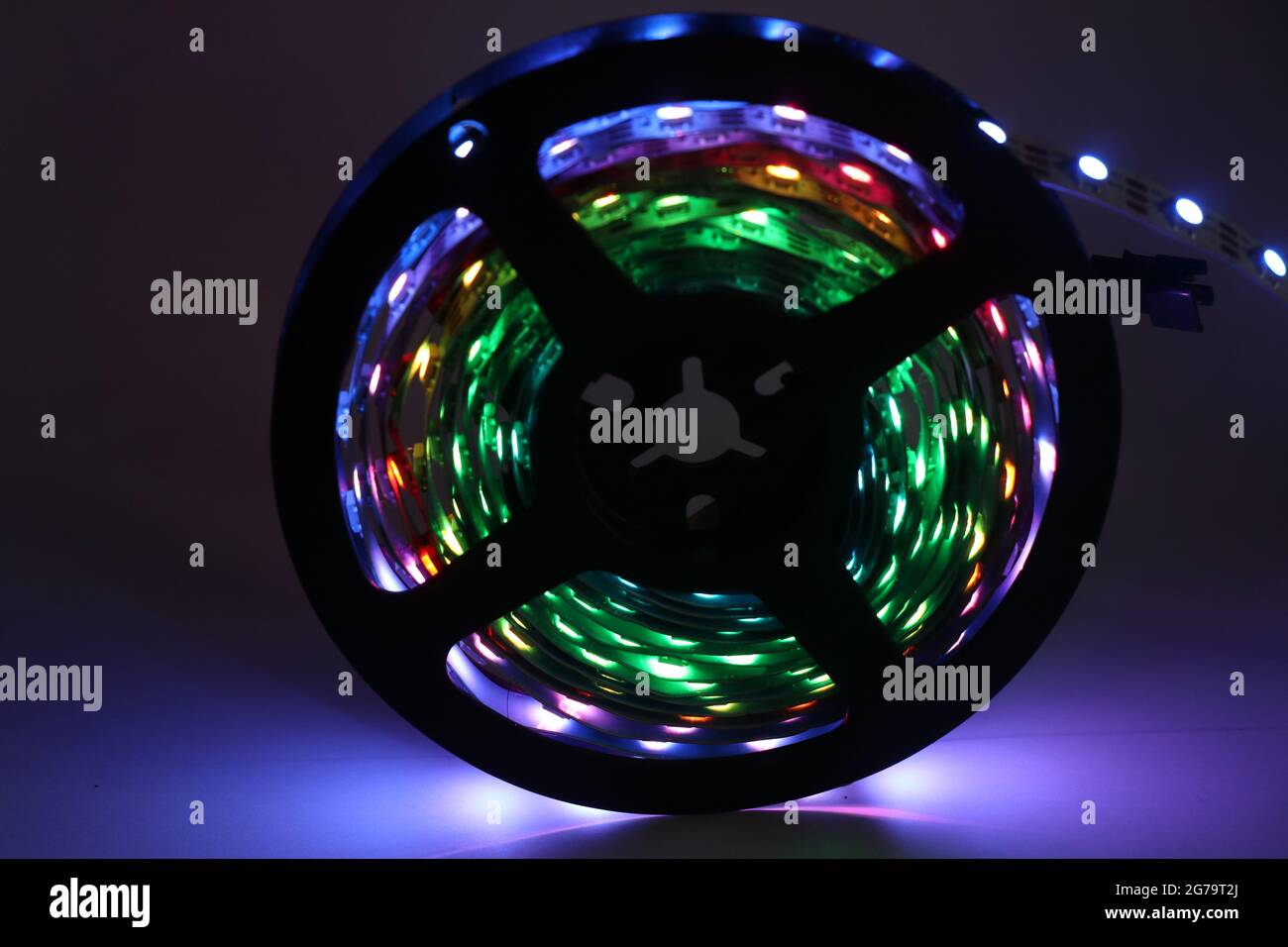 RGB LED lights strip arranged in a spool that can be used to decorate ...