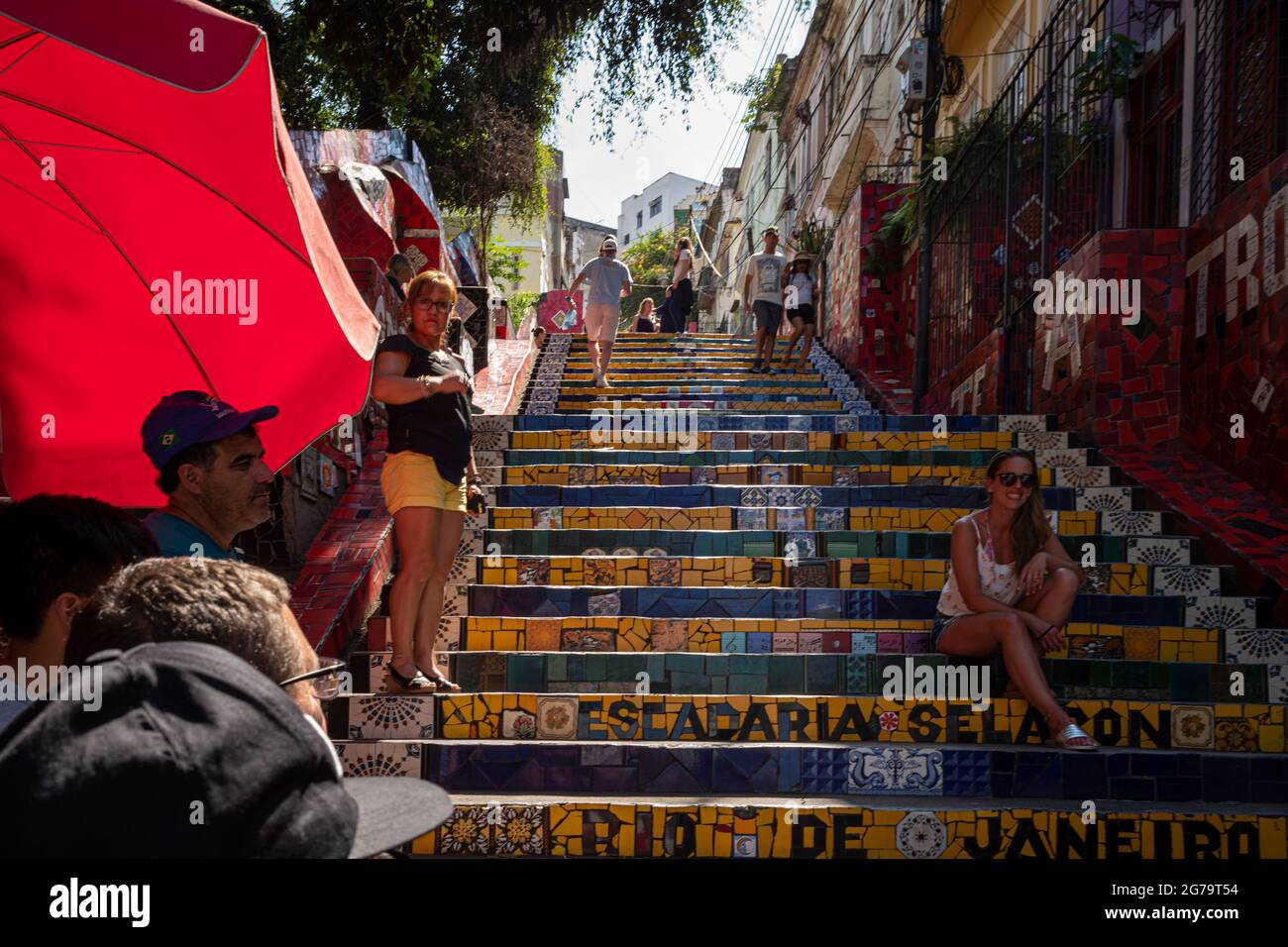 The Selaron steps (or Lapa Steps) which are covered by colorful tiles ...