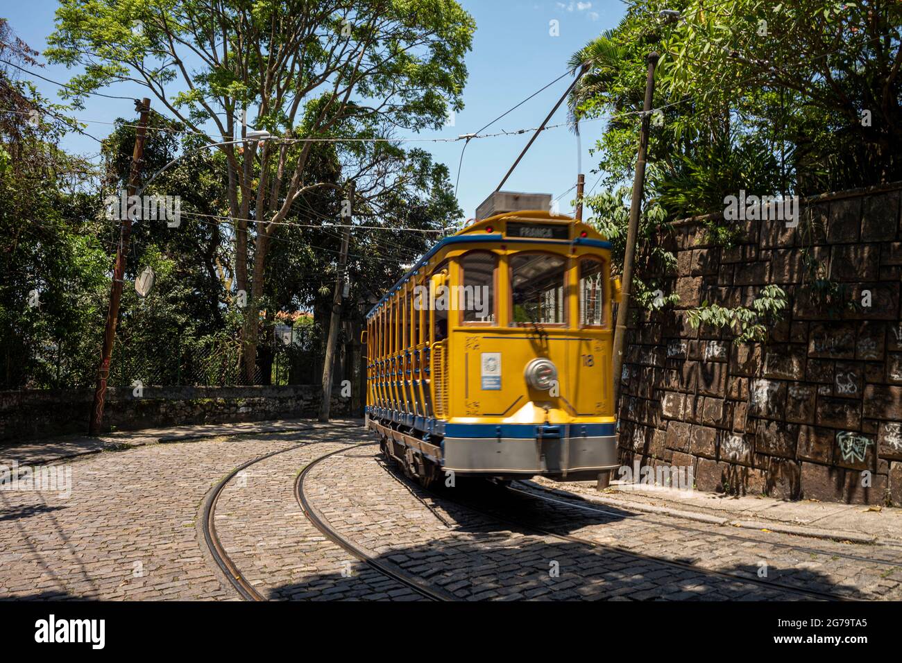 Old yellow tram in Santa Teresa district in Rio de Janeiro, Brazil ...