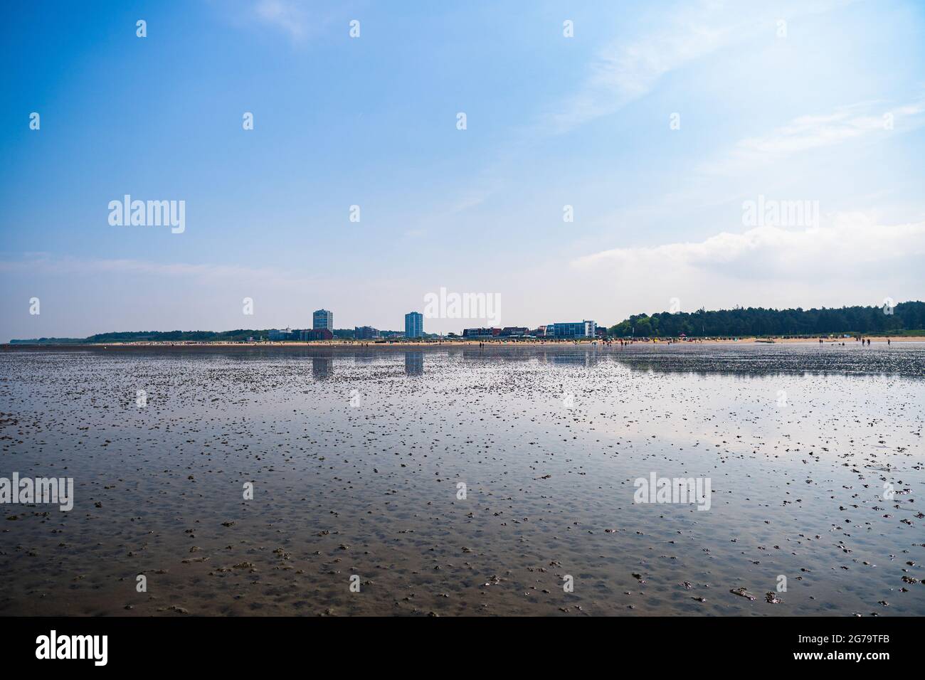 Wadden Sea of the North sea with beach and hotels in the background at ...