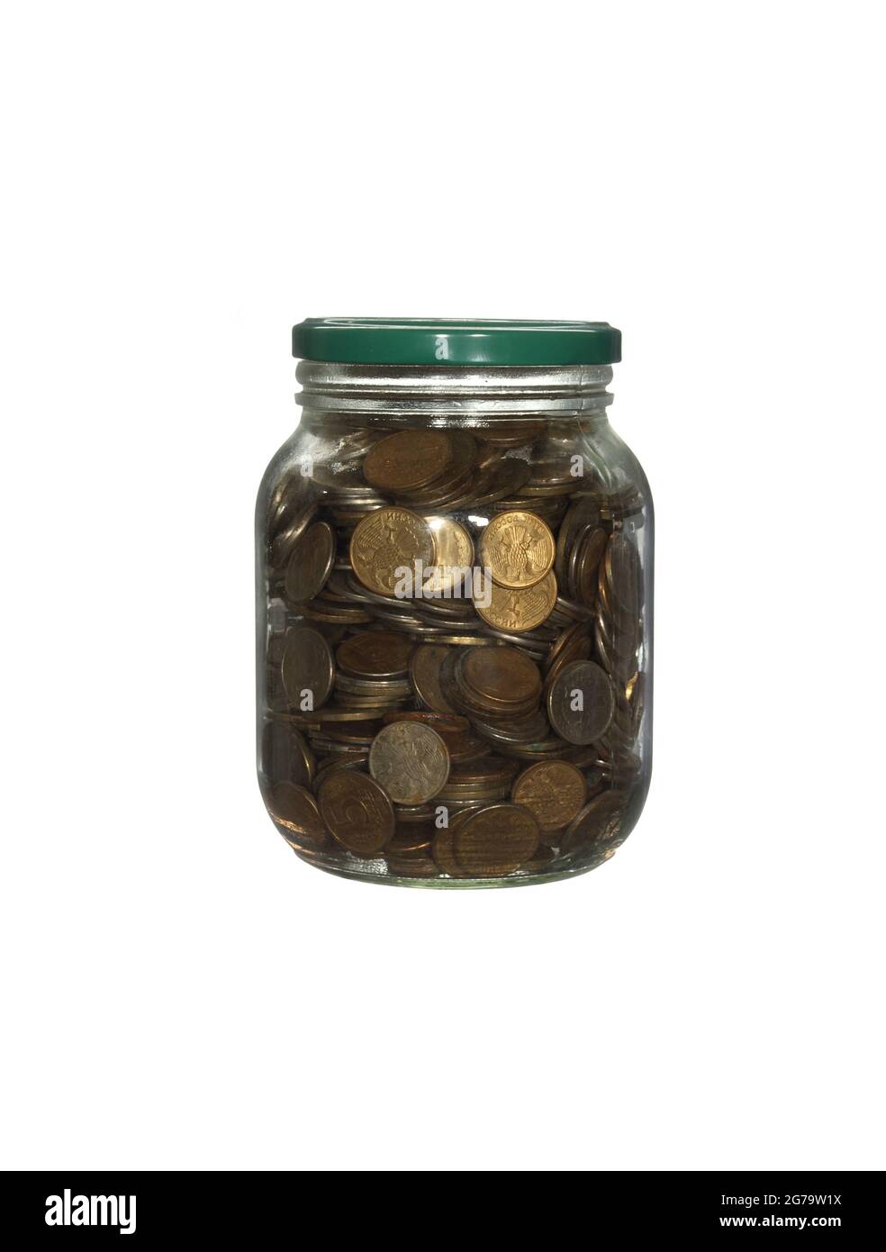 Tin can with coins isolated on white background Stock Photo - Alamy