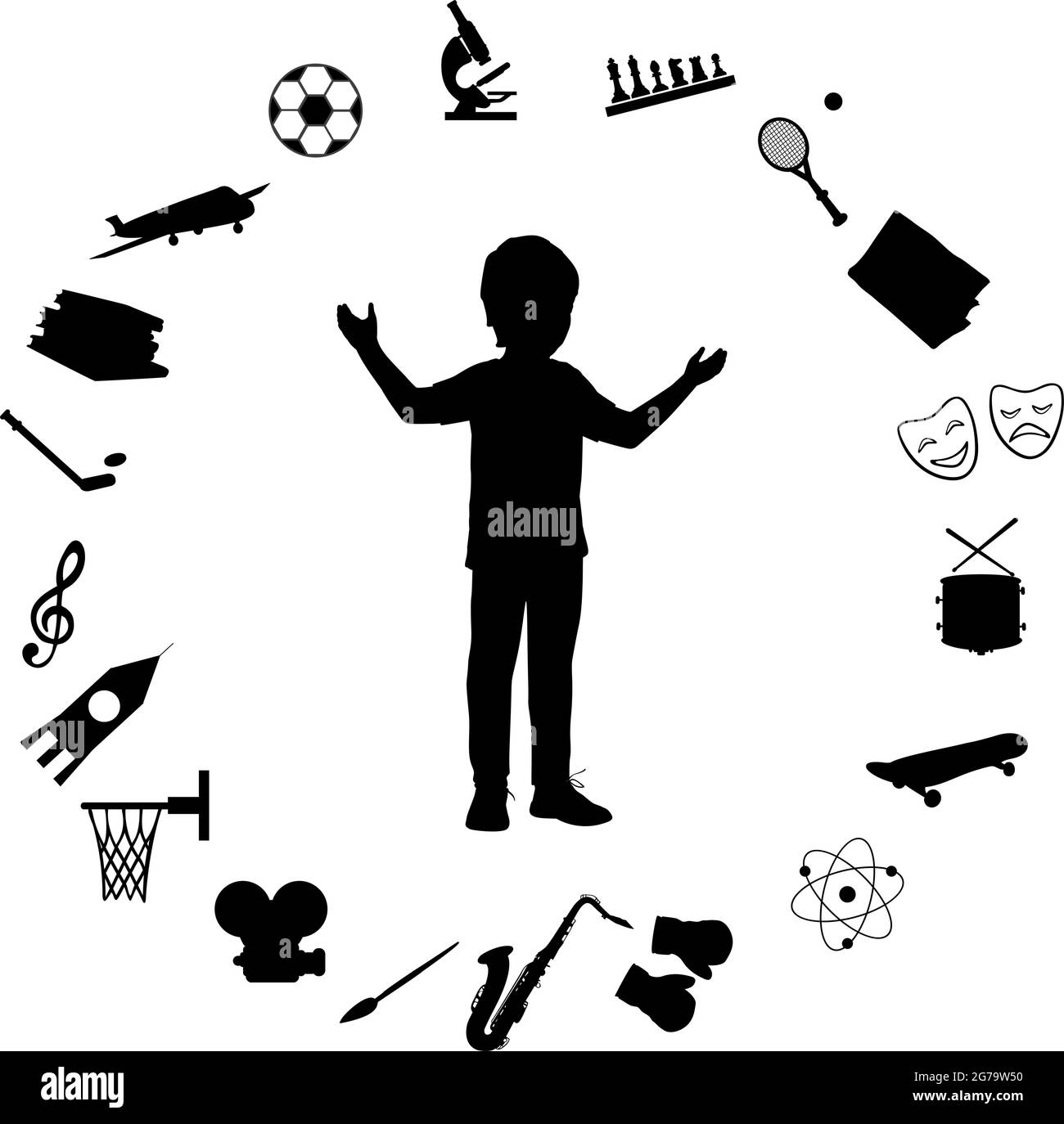 Silhouette boy surrounded of hobbies. Symbol illustration icon logo ...