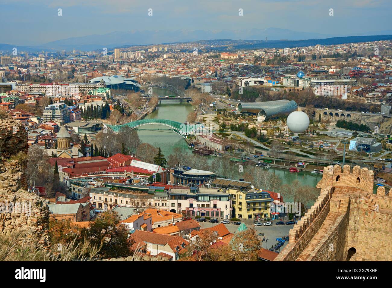 Panorama of Tbilisi from above. Old town center. The Kura River Stock ...