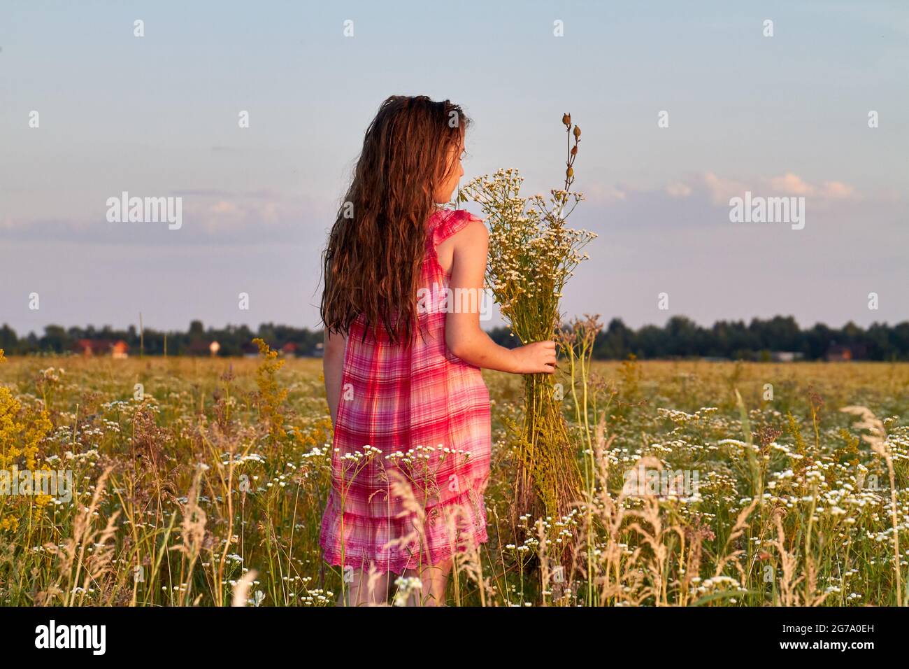 Back view brunette girl in the red dress holds bouquet of flowers Stock ...