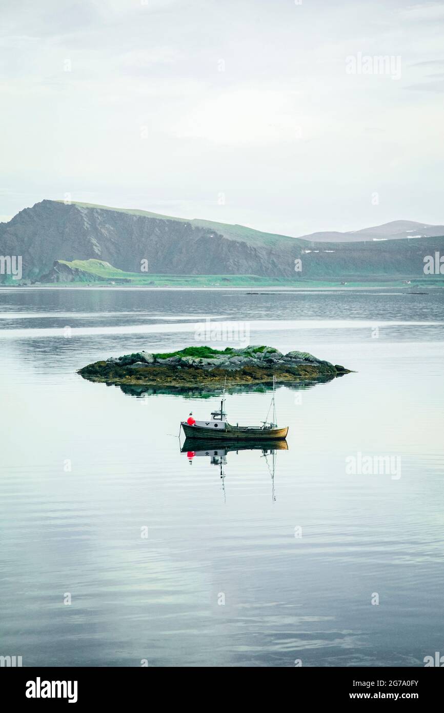 Fishing boat, landscape, Finnmark, Norway Stock Photo - Alamy