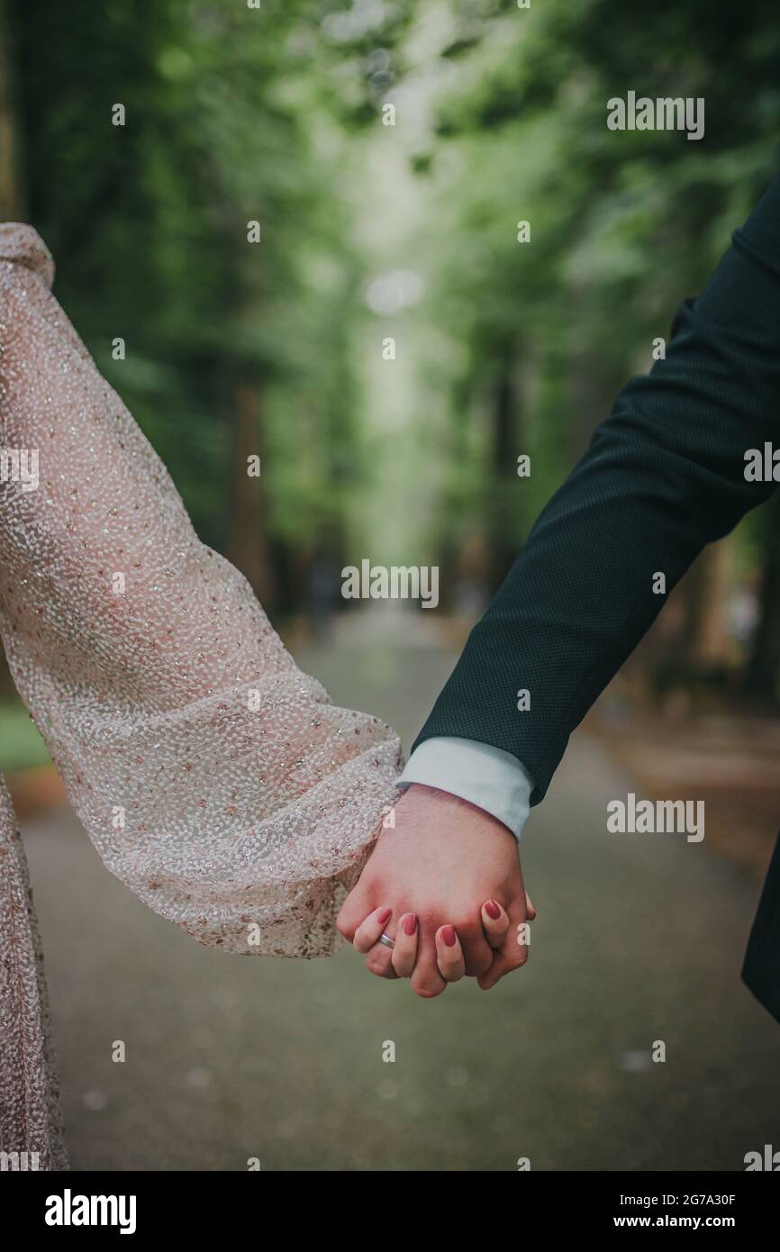 bride and groom holding hands at wedding day Stock Photo - Alamy