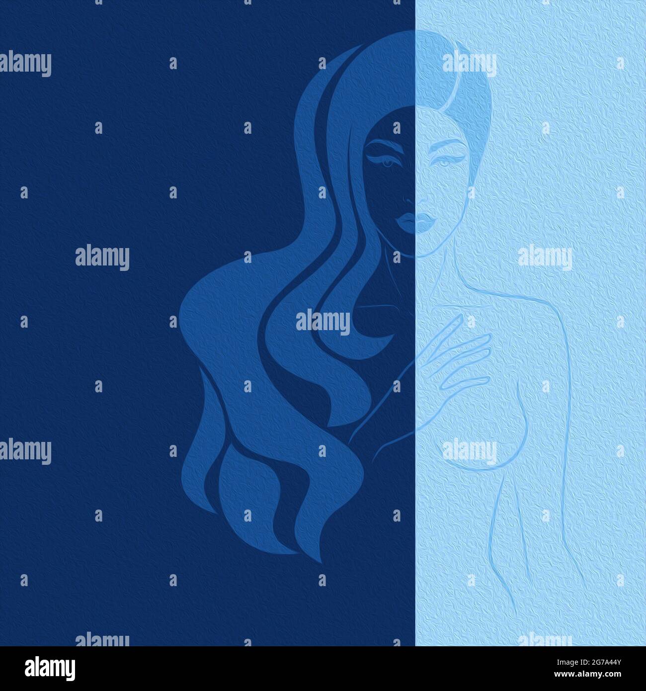 Abstract attractive woman with long hair split in negative and positive ...