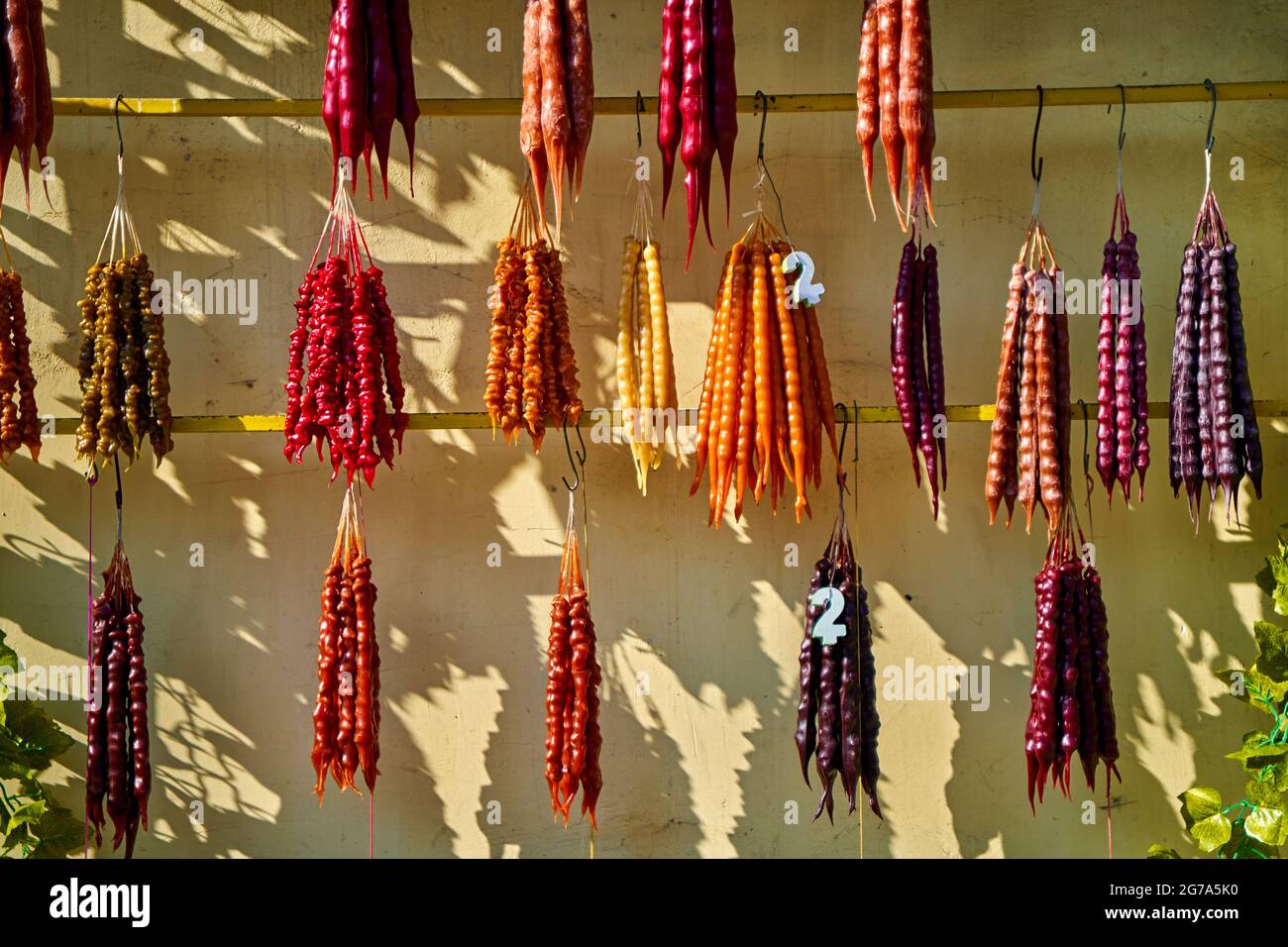 Traditional Georgian dessert churchkhella is sold on the street. Street ...