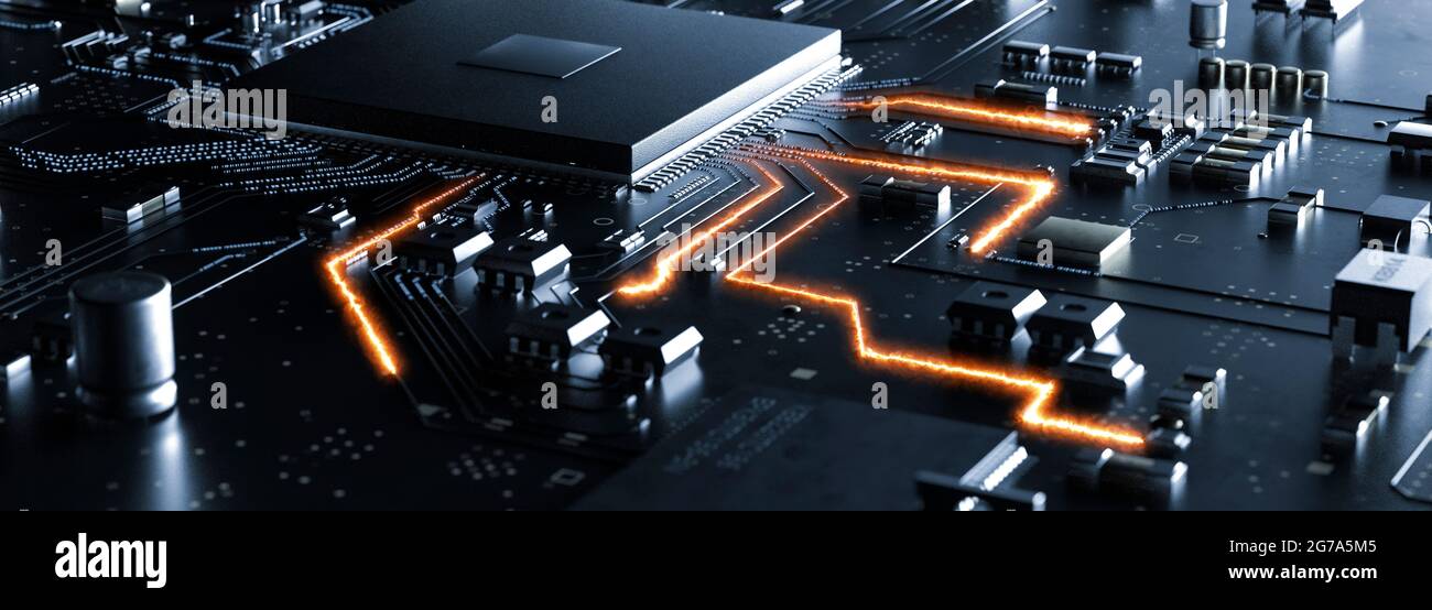 Computer circuit board with energy pulse moving out of the processor 3d ...
