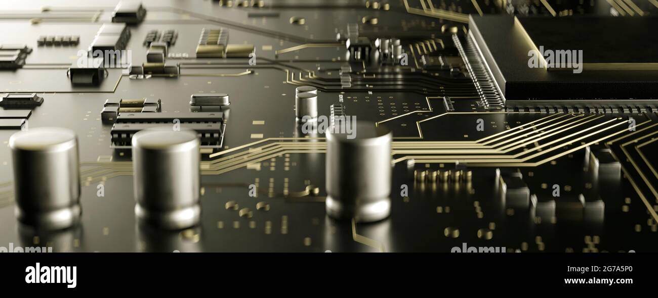 Modern electronic circuit board close up in gold 3d render Stock Photo ...