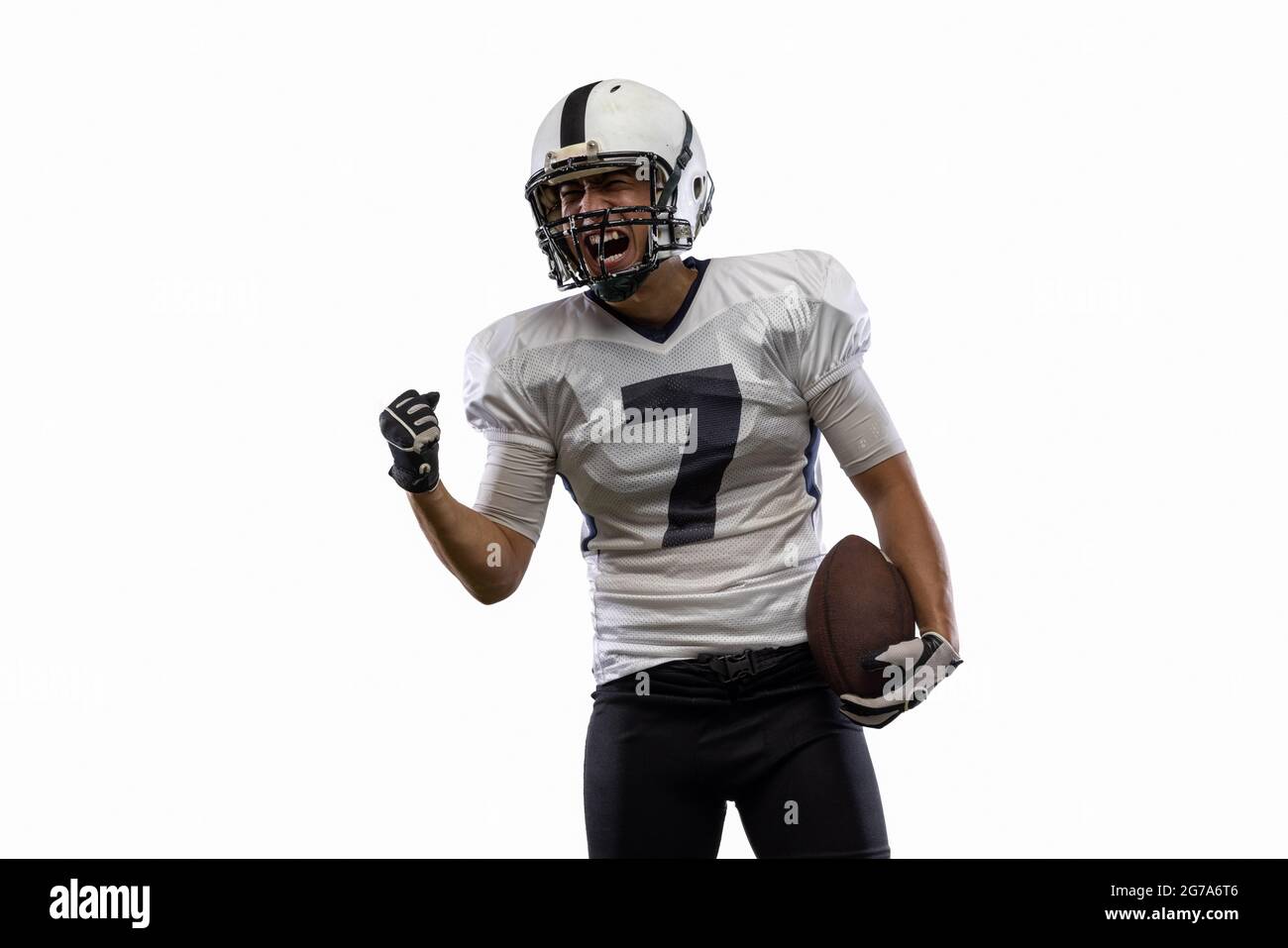 American football player isolated on white studio background Stock ...