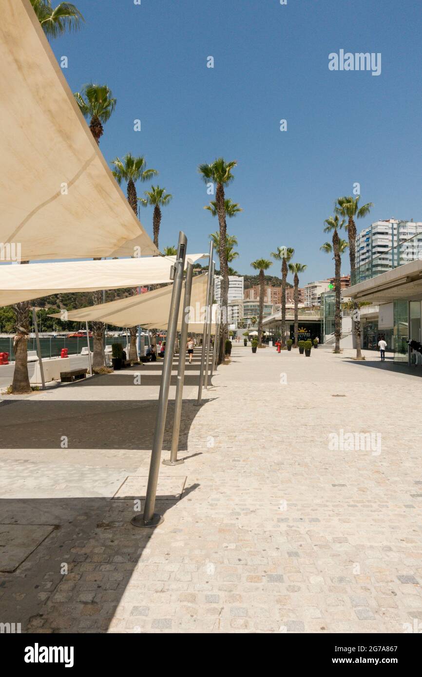 Malaga spain. Muelle uno, waterfront promenade harbour, shopping ...
