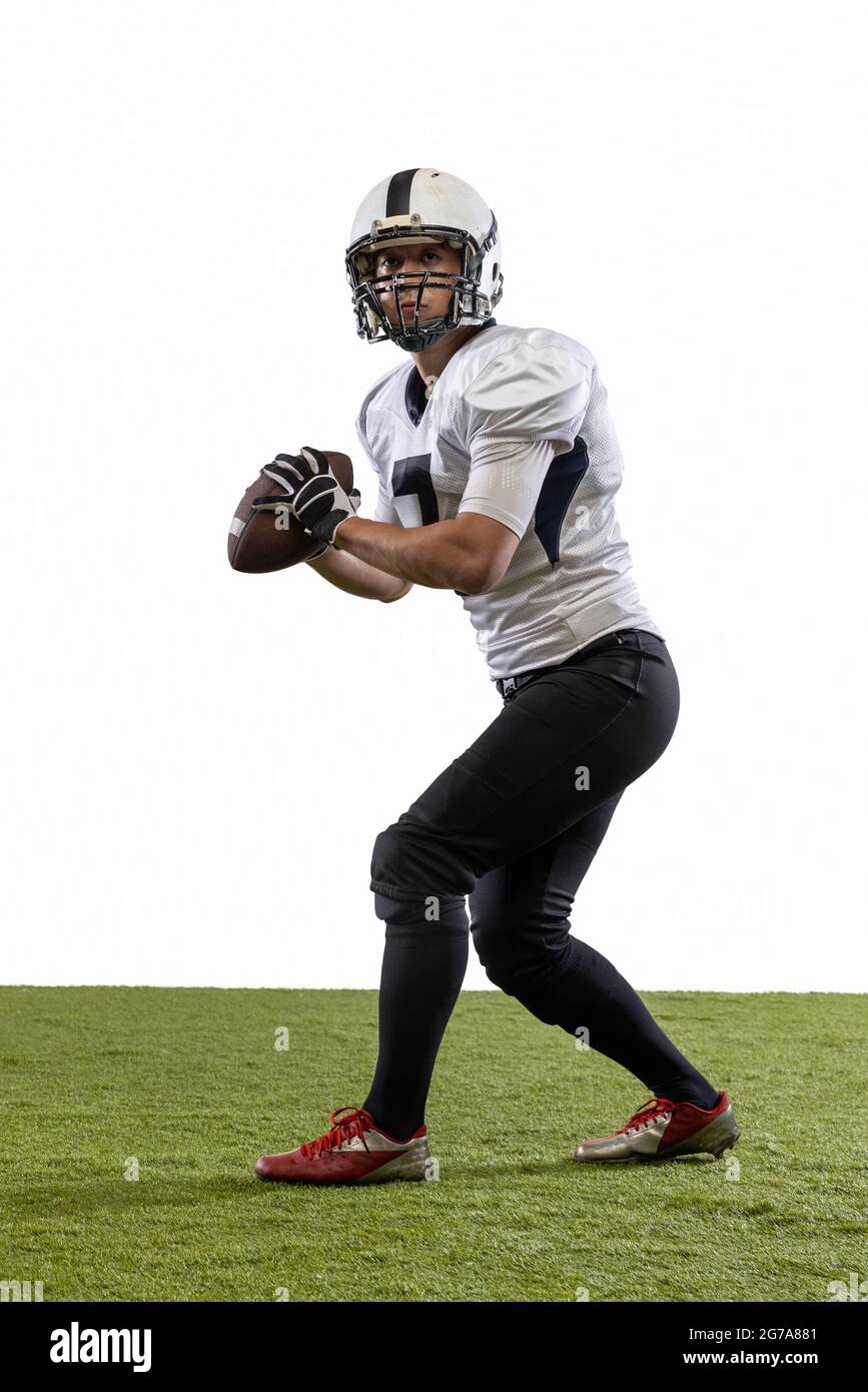 American football player isolated on white studio background Stock ...