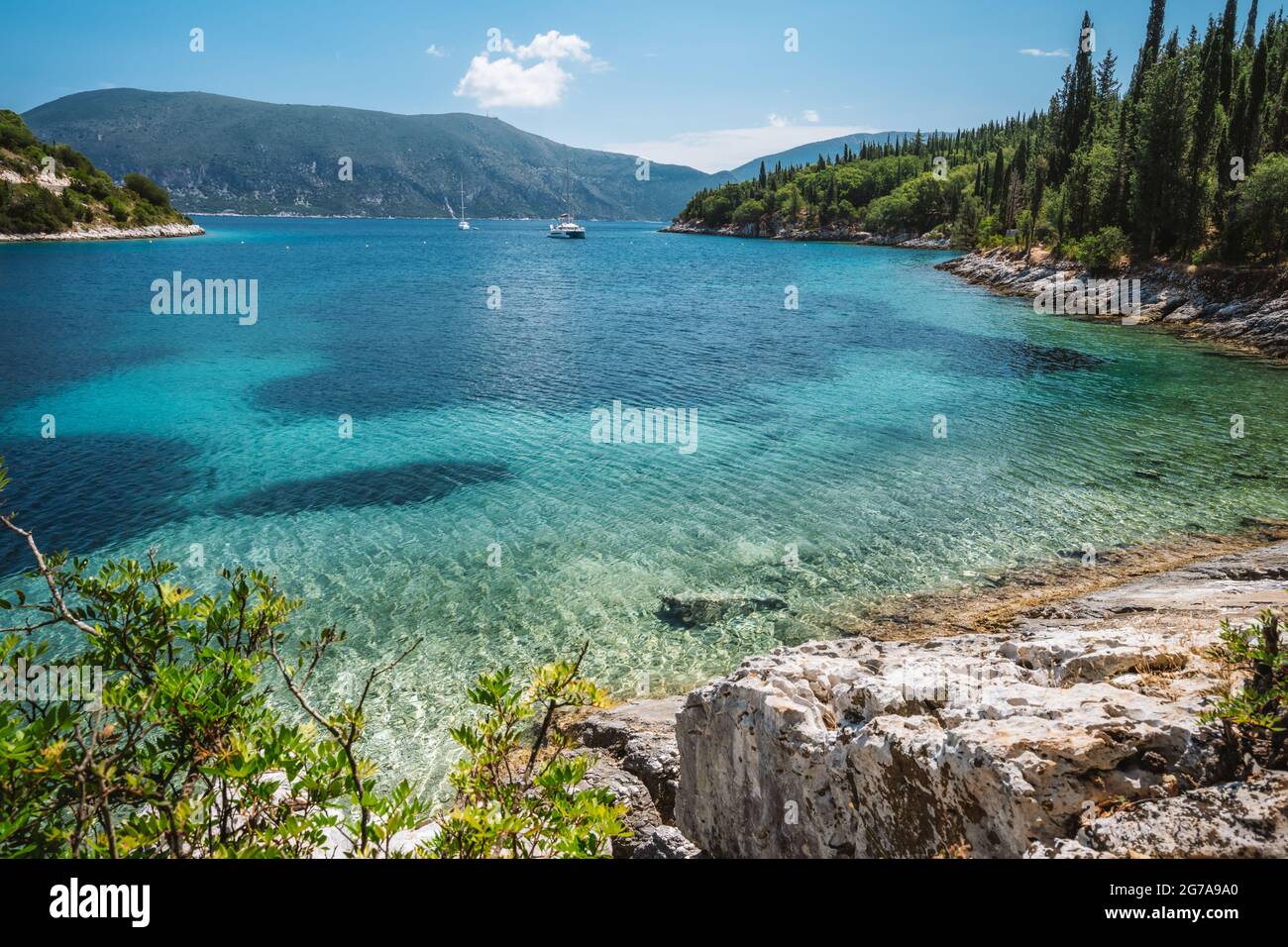 Beautiful Foki beach close to village of Fiskardo, is known for its ...