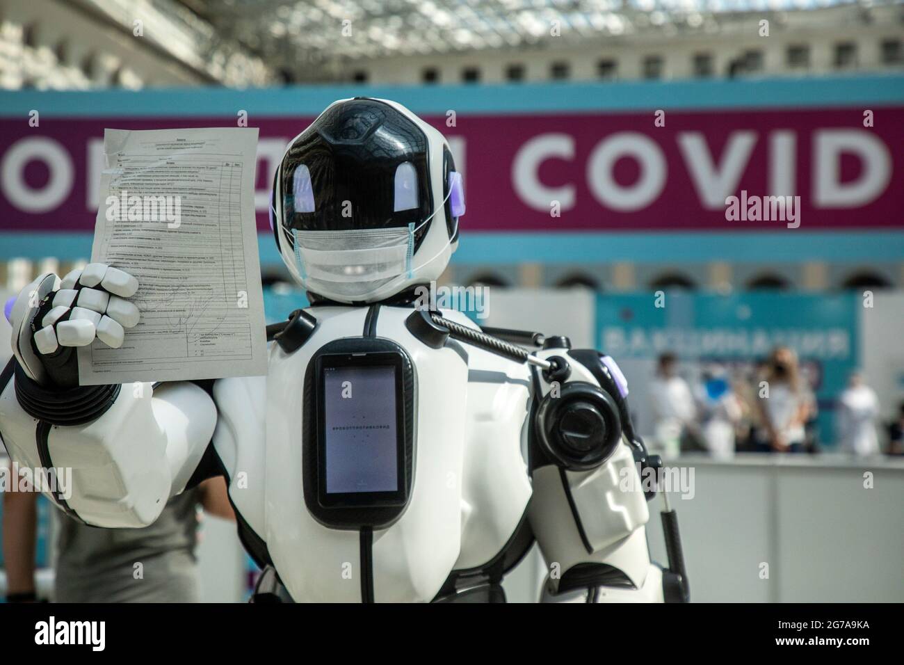 Moscow, Russia. 12th of July, 2021 The robot "Sputnik" holds a ...