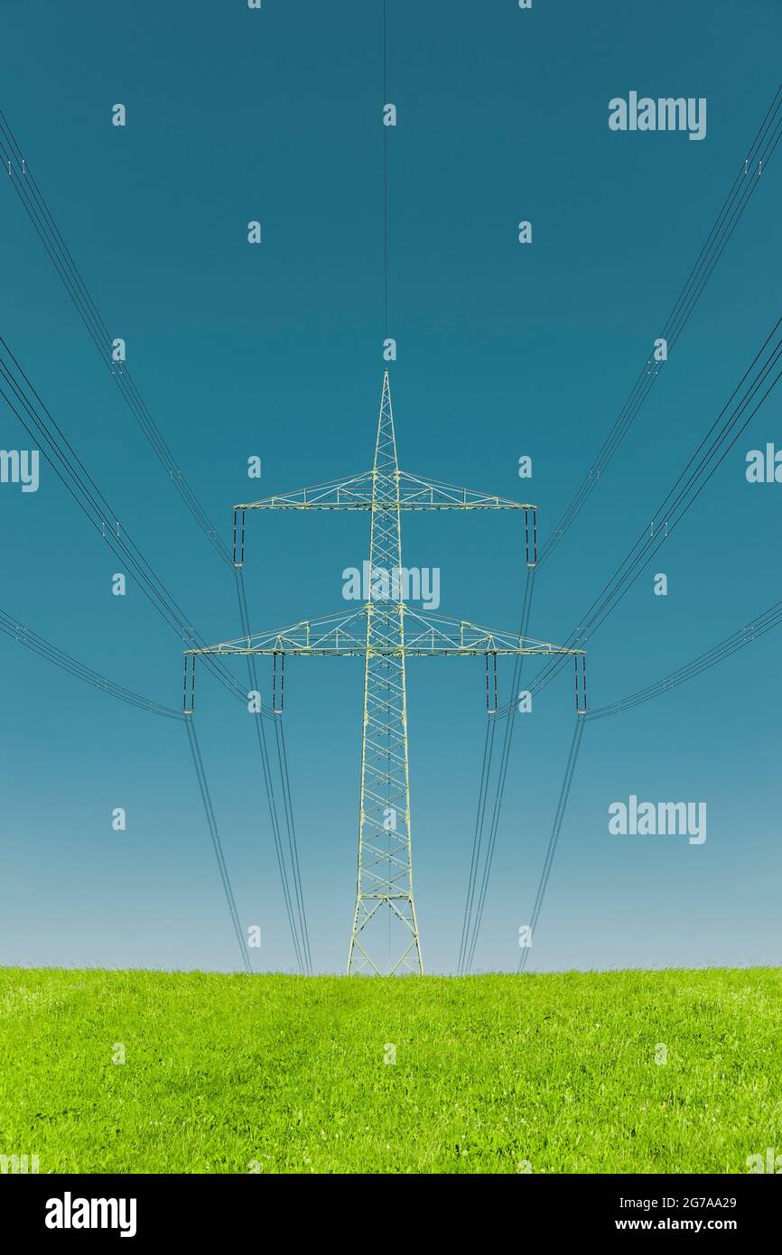 Electricity pylon on a green meadow Stock Photo - Alamy