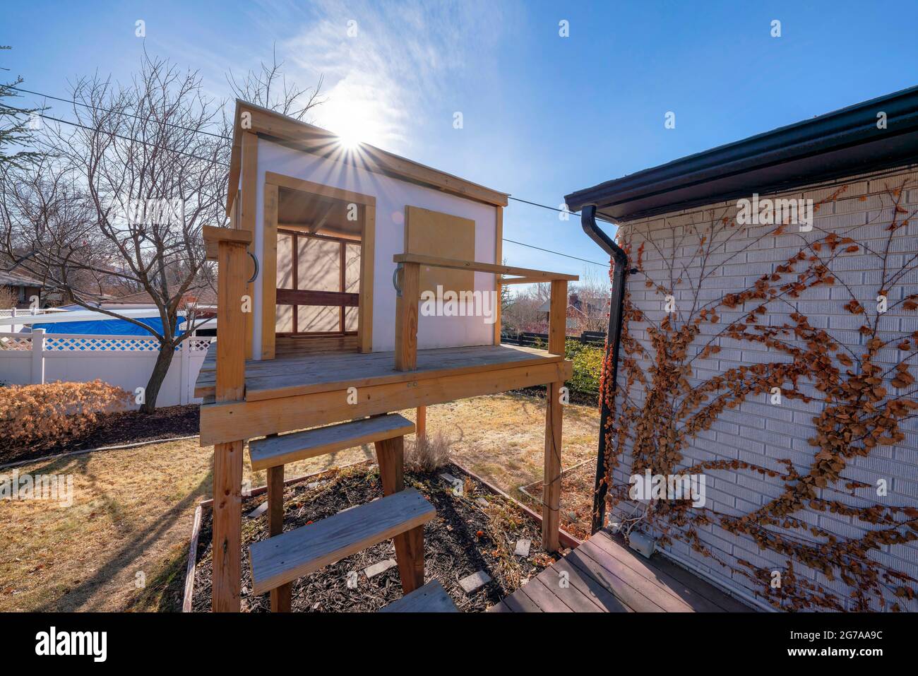 Empty exterior of a small wooden house with plants growing on the walls ...