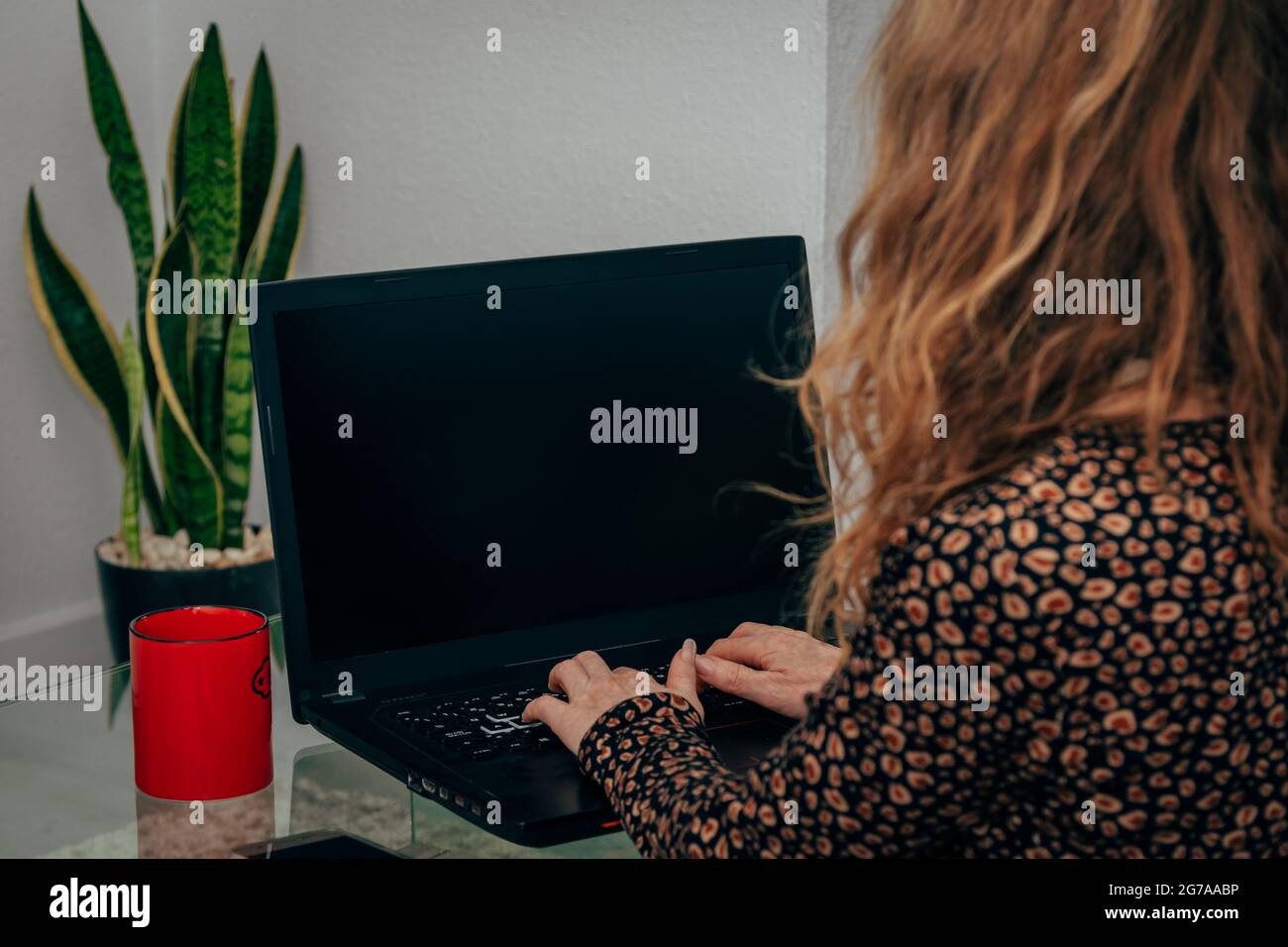 woman with computer at home working Stock Photo - Alamy