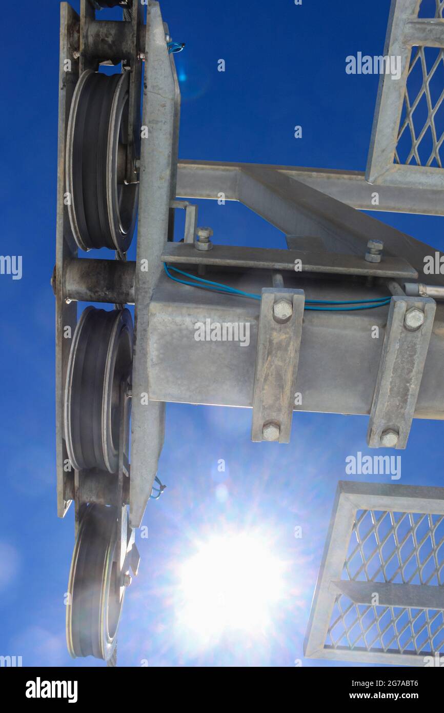 Rubber rollers of the cable car on the background of the blue sky and ...