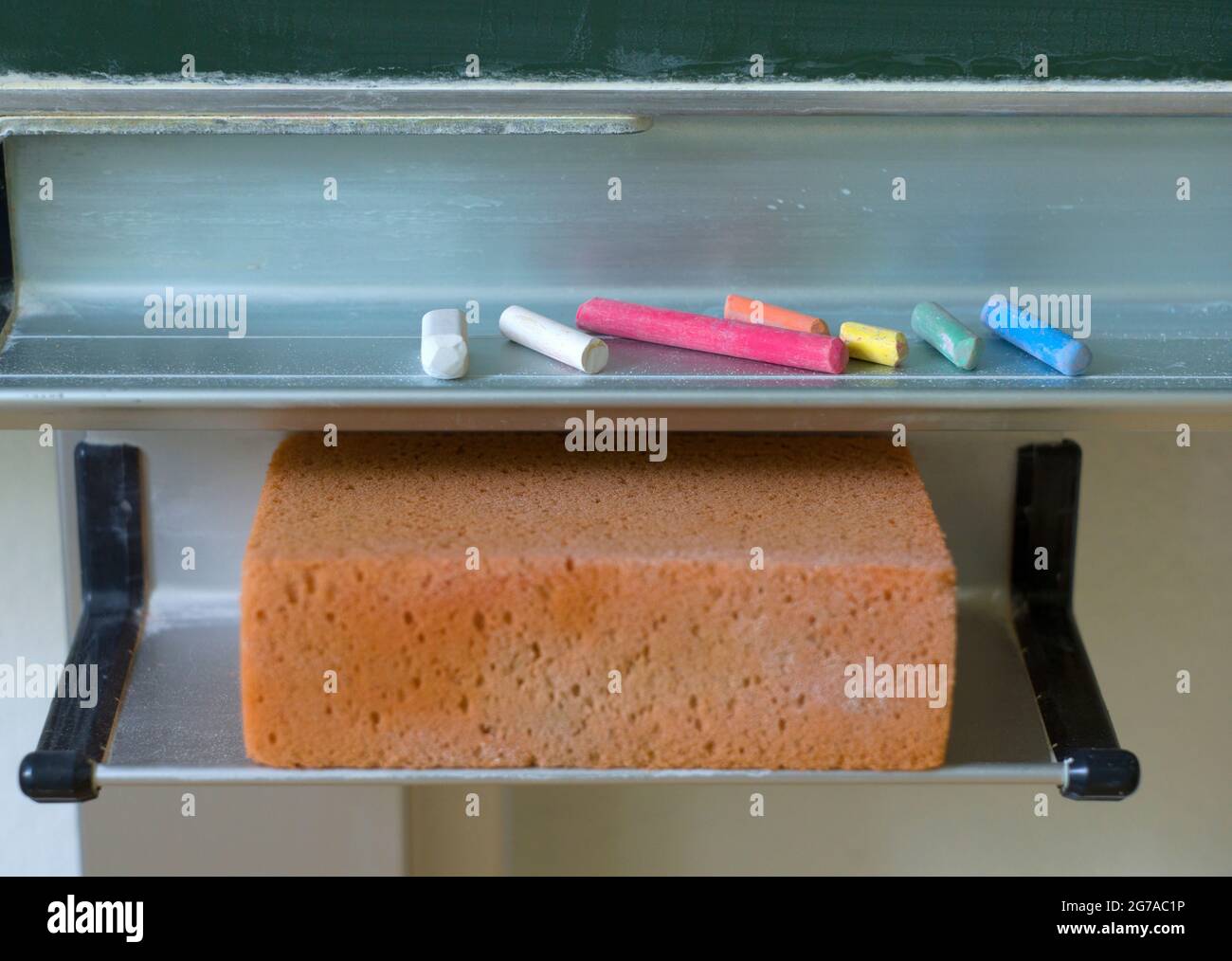Chalk and sponge, blackboard, classroom, Stuttgart, Baden-Wuerttemberg ...