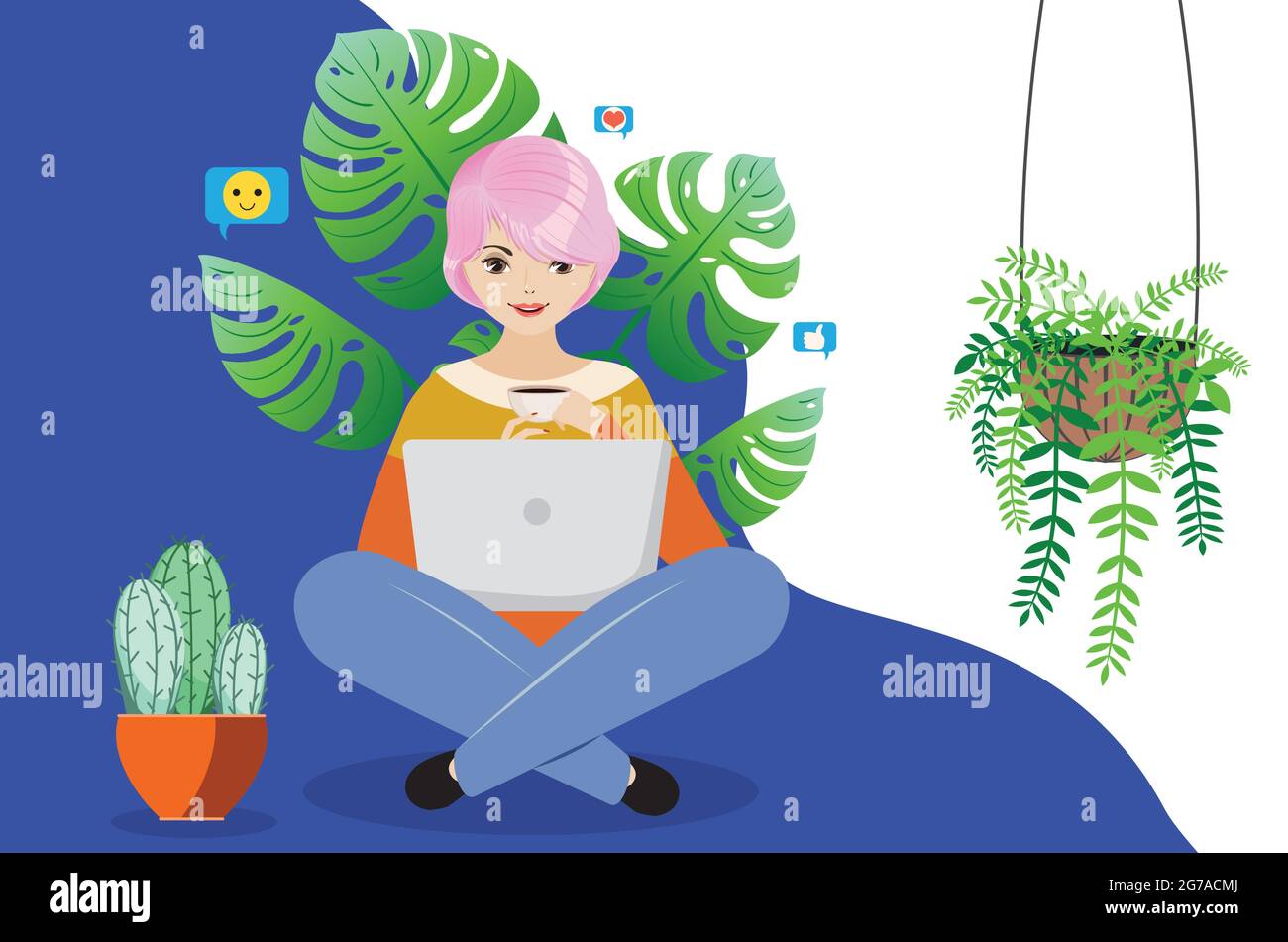 Cartoon girl work on a laptop, distant learning, work, or chatting ...