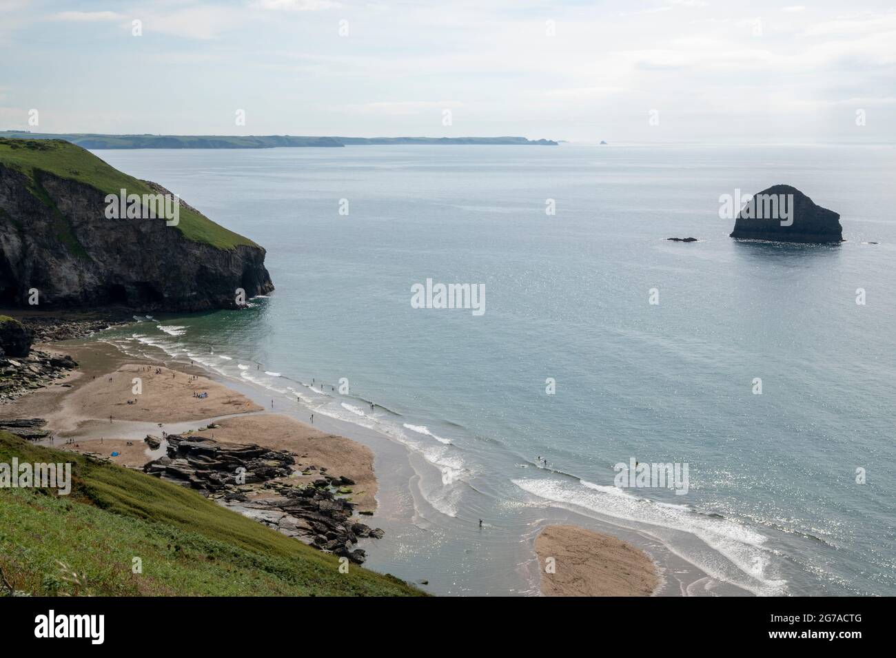 Trebarwith Strand Beach and Gul Rock from the South West Coast Path in ...