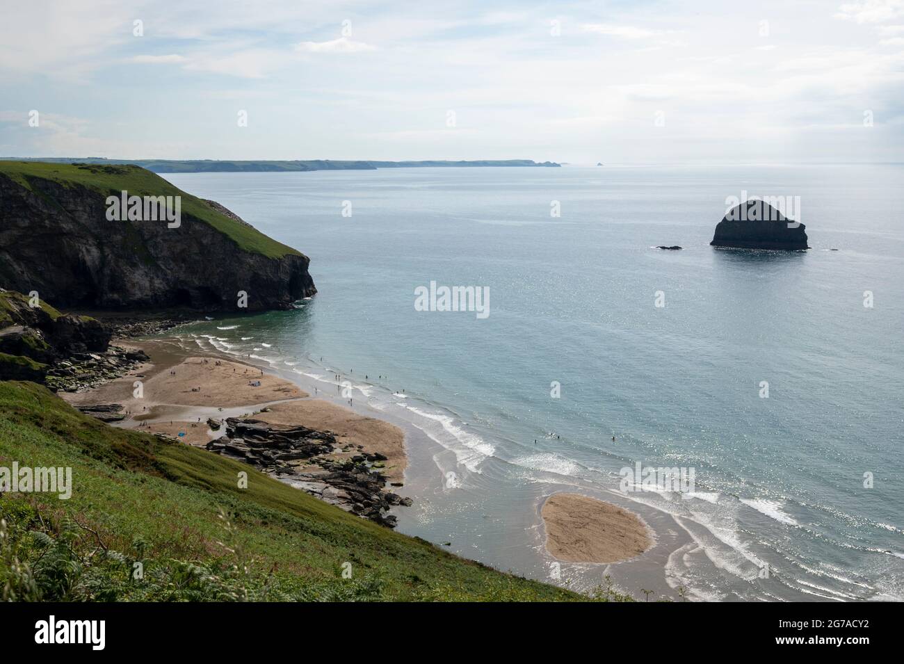 Trebarwith Strand Beach and Gul Rock from the South West Coast Path in ...