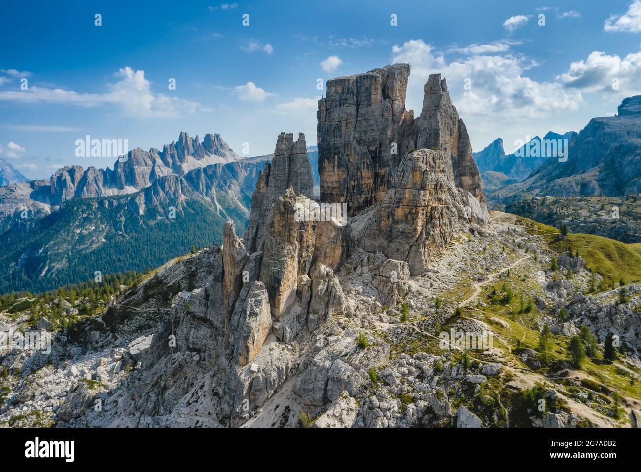 Aerial view of Cinque Torri in Dolomites mountains in Italy. Epic ...