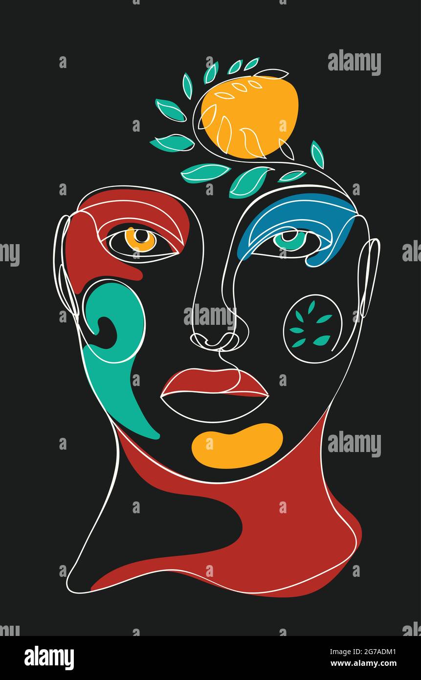 Contemporary line art style female portrait with colorful abstract ...