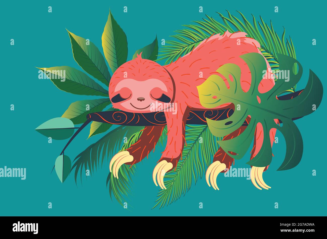 Cute cartoon sloth bear with tropical leaves illustration Stock Vector ...