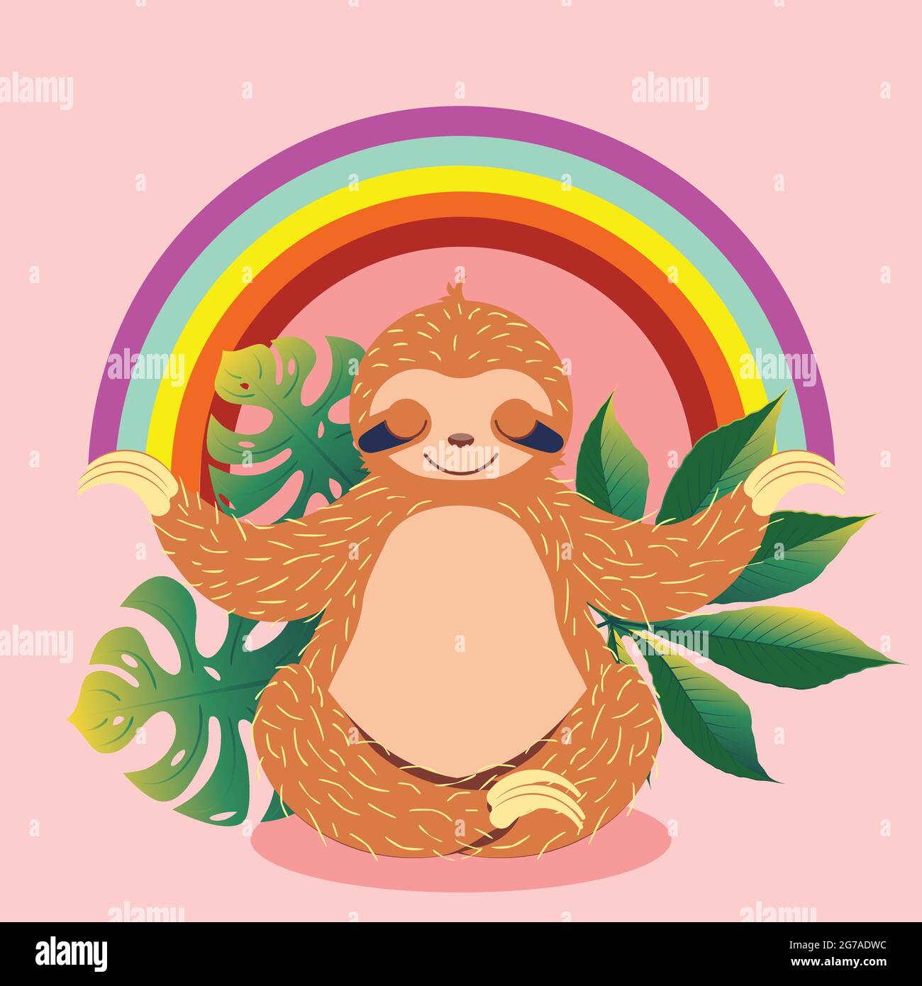 Cute cartoon sloth bear with tropical leaves illustration Stock Vector ...