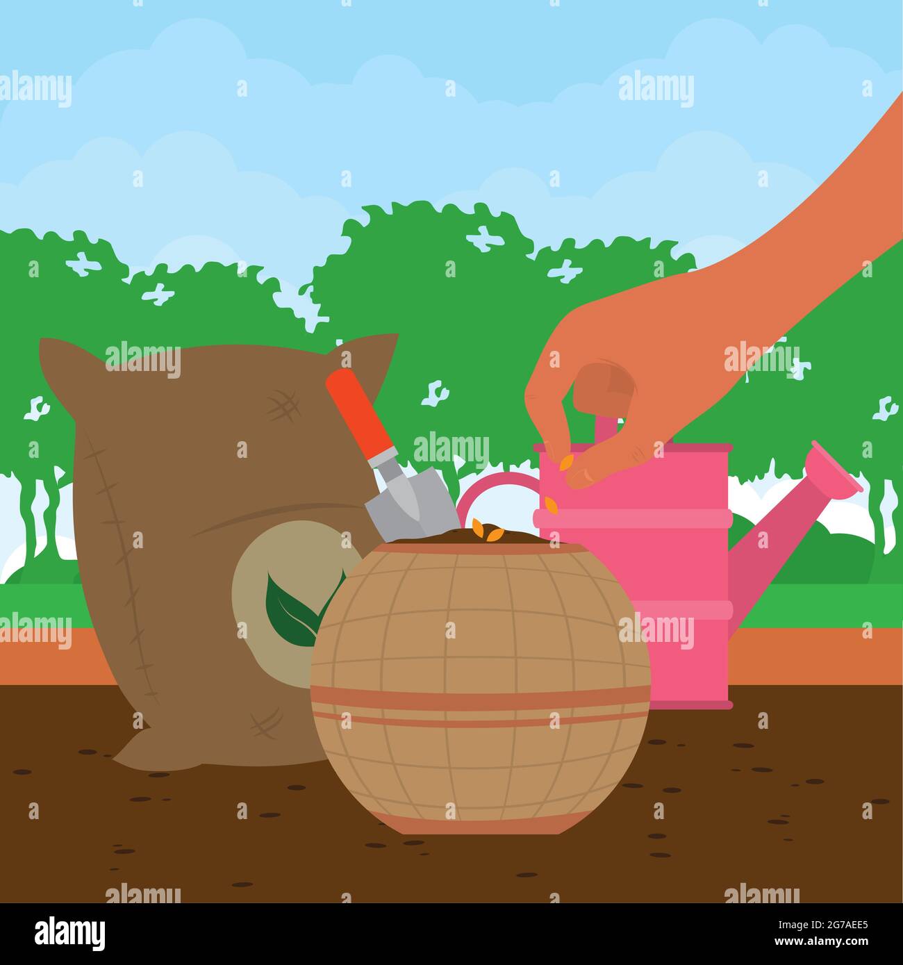 planting illustration with pot and gardening tools Stock Vector Image ...