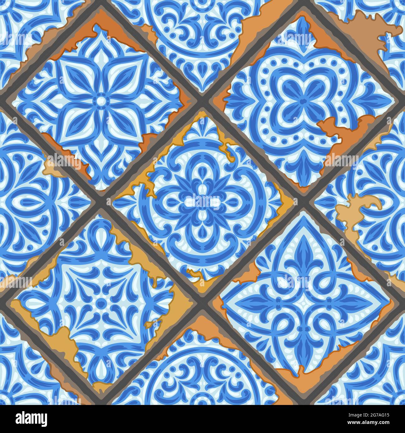 Portuguese azulejo vintage ceramic tile seamless pattern. Old grunge ...