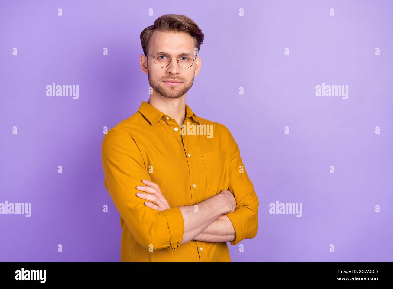 Profile portrait of half turned person folded hands look attentively ...