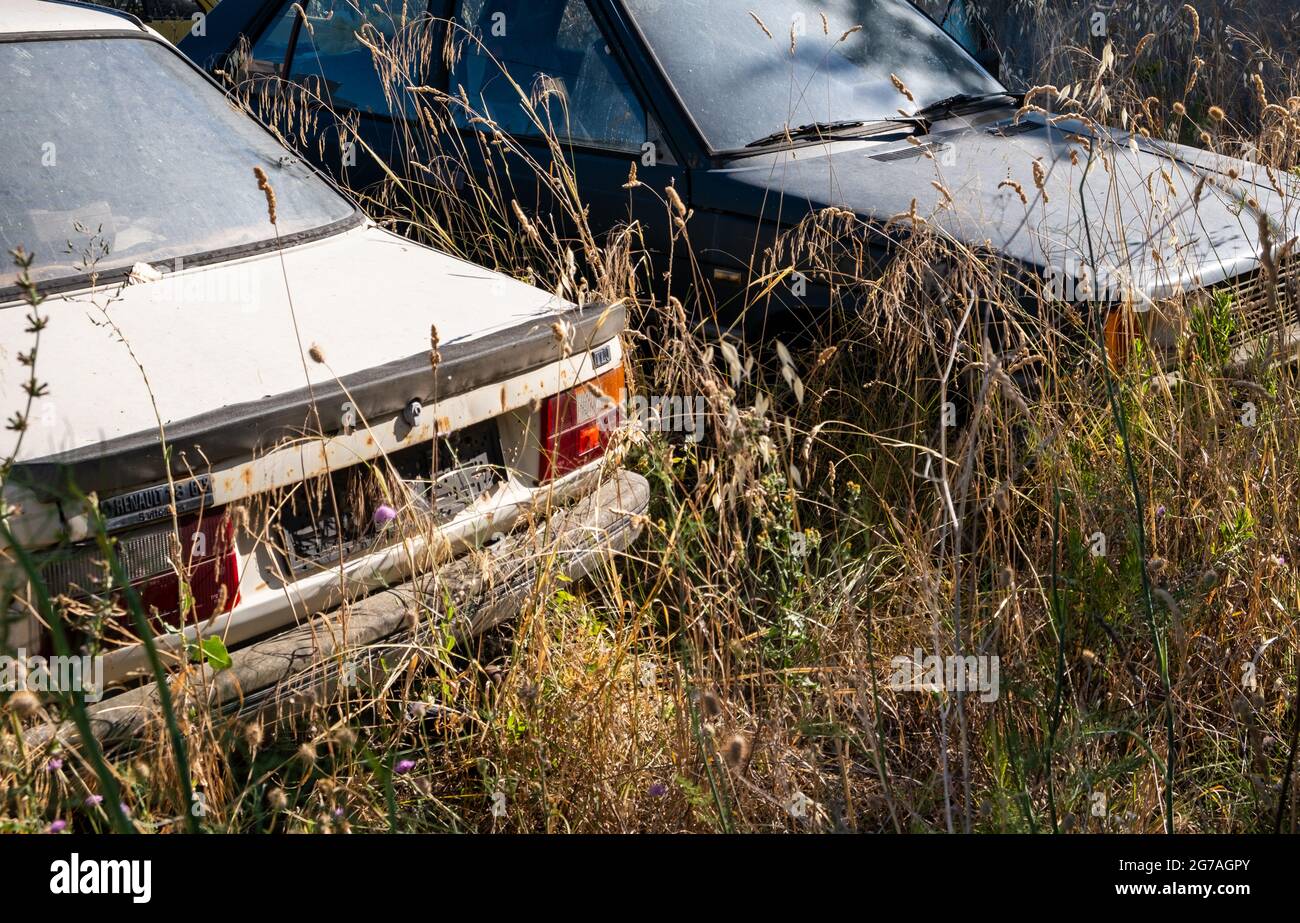 Two old decaying cars left in the undergrowth. 2021 Stock Photo - Alamy