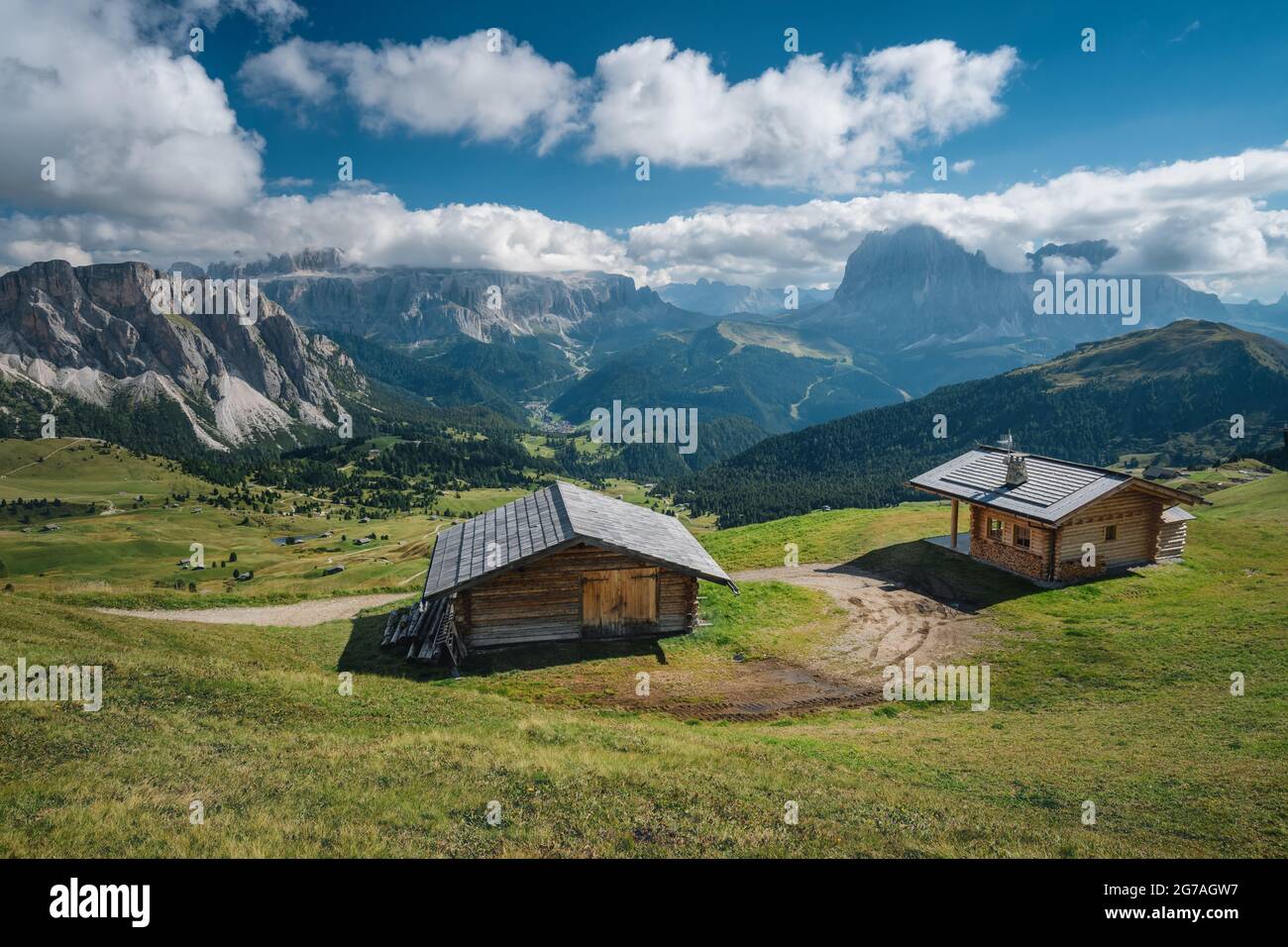 Hats for resting during the hike on Seceda plateau in Dolomites Alps ...