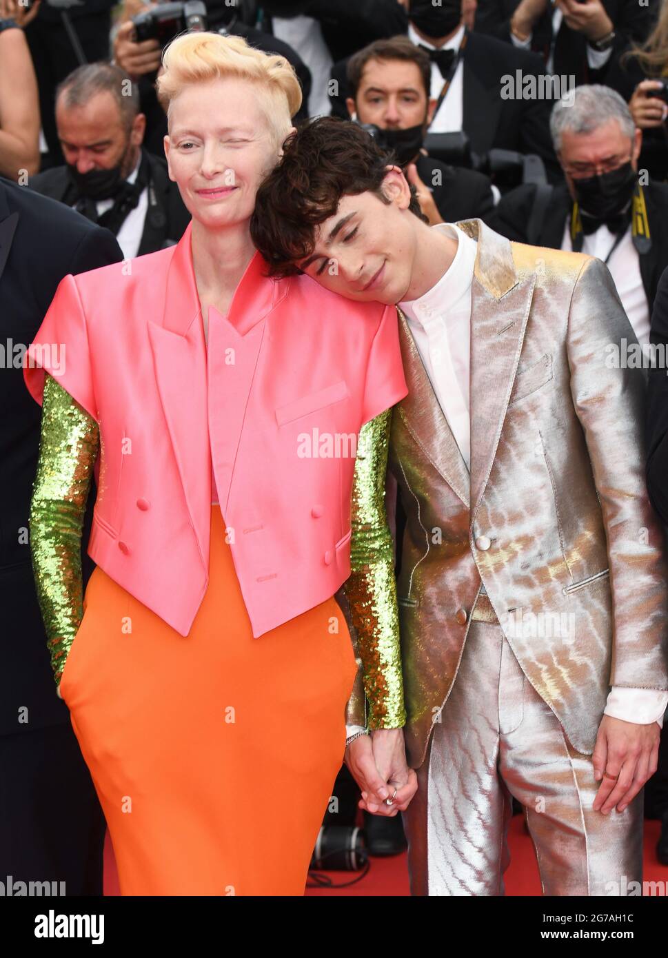 Cannes, France, 12 July 2021 Tilda Swinton and Timothee Chalamet ...