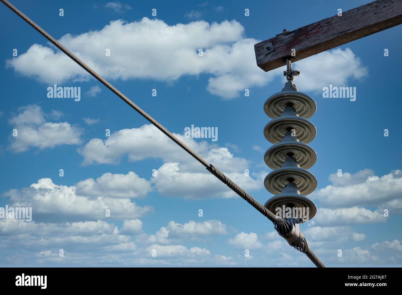 Photograph of a transmission line cable system connected to an assembly ...
