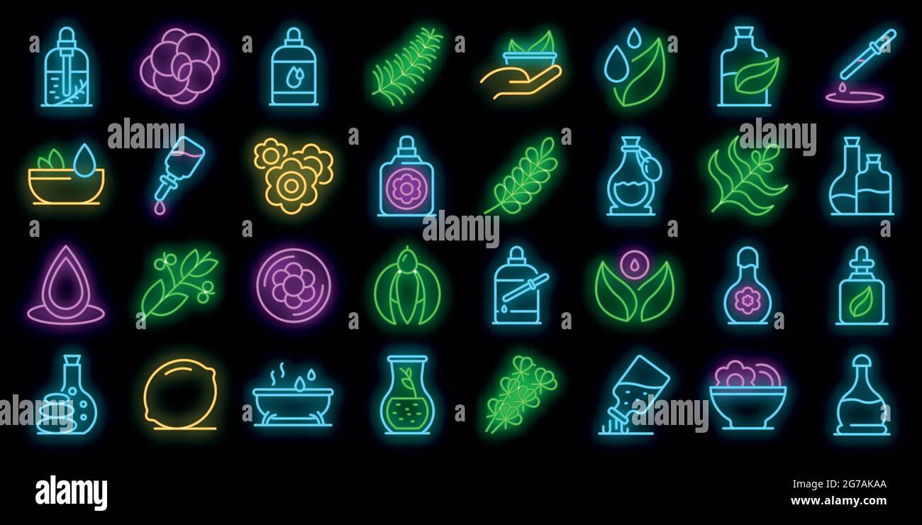 Essential oils icons set. Outline set of essential oils vector icons ...